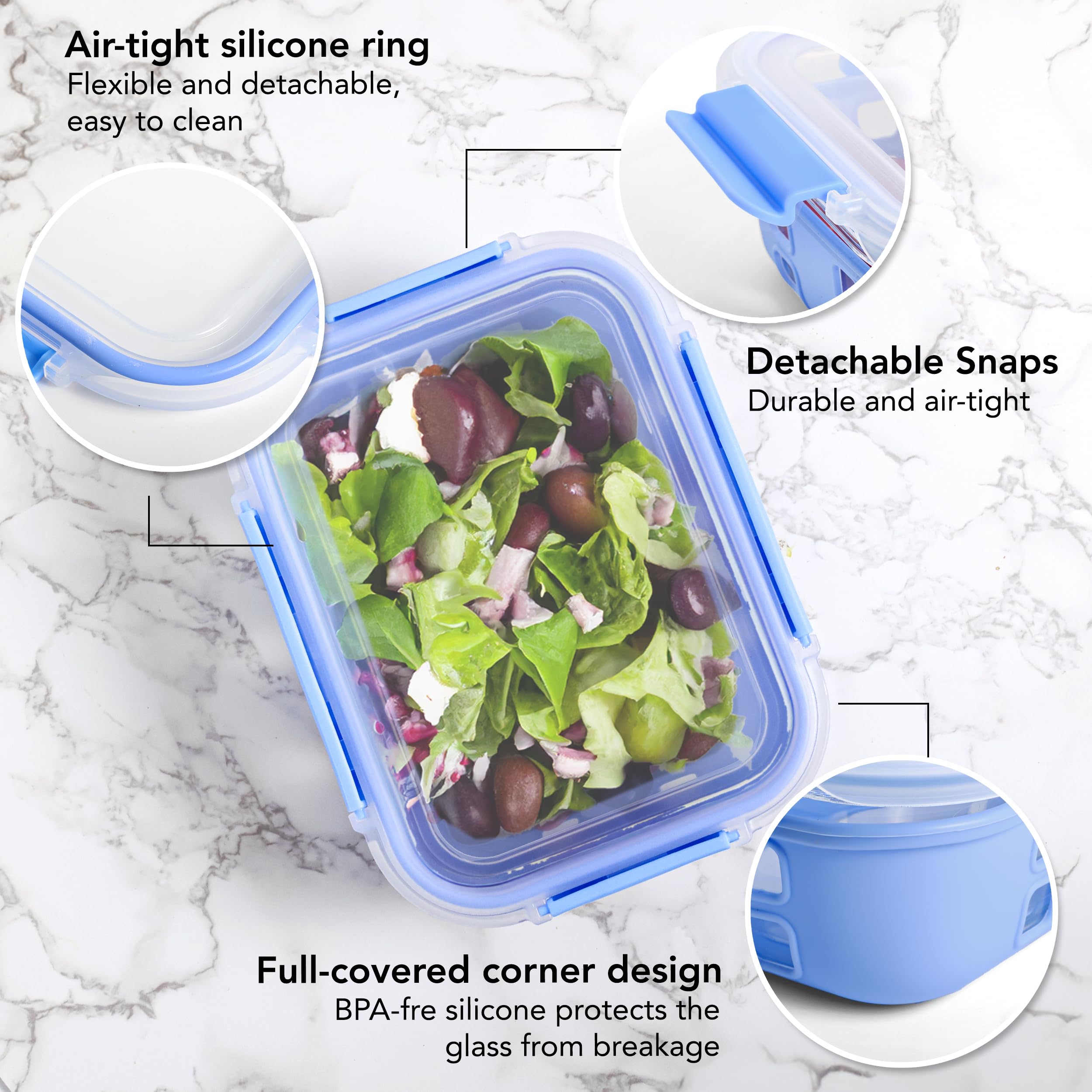 ECOBERI Glass Storage Containers with Lids, 5 Piece Set, 4.5 Cup, Meal Prep, Food Storage, Airtight, Leak-Proof, Safe for Microwave, Freezer, Oven, and Dishwasher