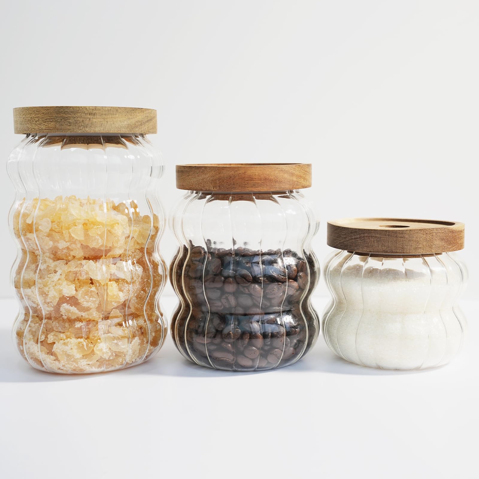 yutrenn Glass Jar with Airtight Lid Cute Glass Canisters for Nut Coffee Sugur Glass Storage Jar Sets of 3 Clear Jar for Kitchen Storage Decorative Container with Wood Lids, GJ-01B