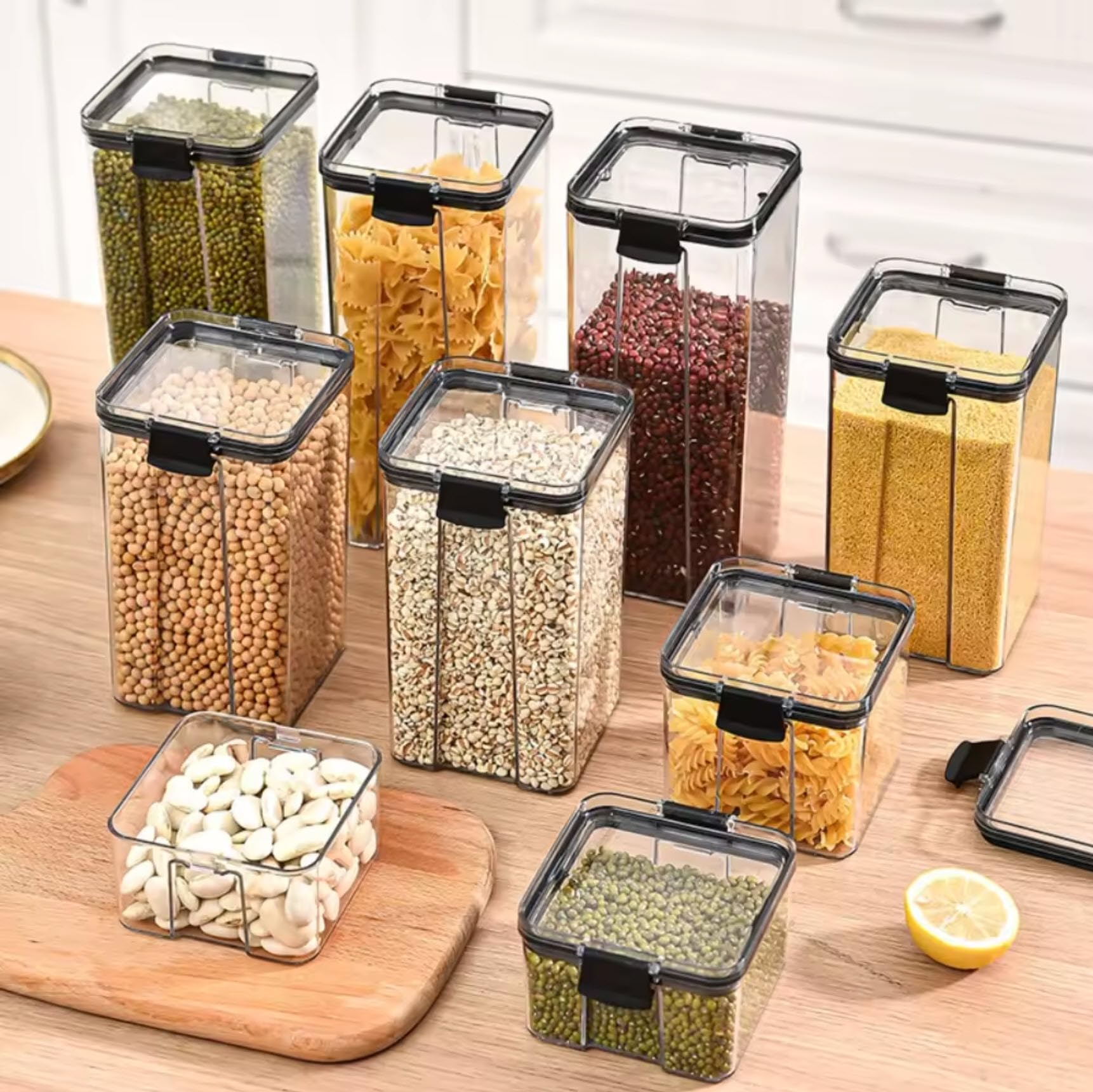 JAGF Airtight Food Storage Container - 5 Pce Set - Seal Stackable Plastic Canister Jar - Clear Plastic - Kitchen Cupboard Pantry Organizer, Spice, Pasta, Snack, Candy, Bean - For gift.