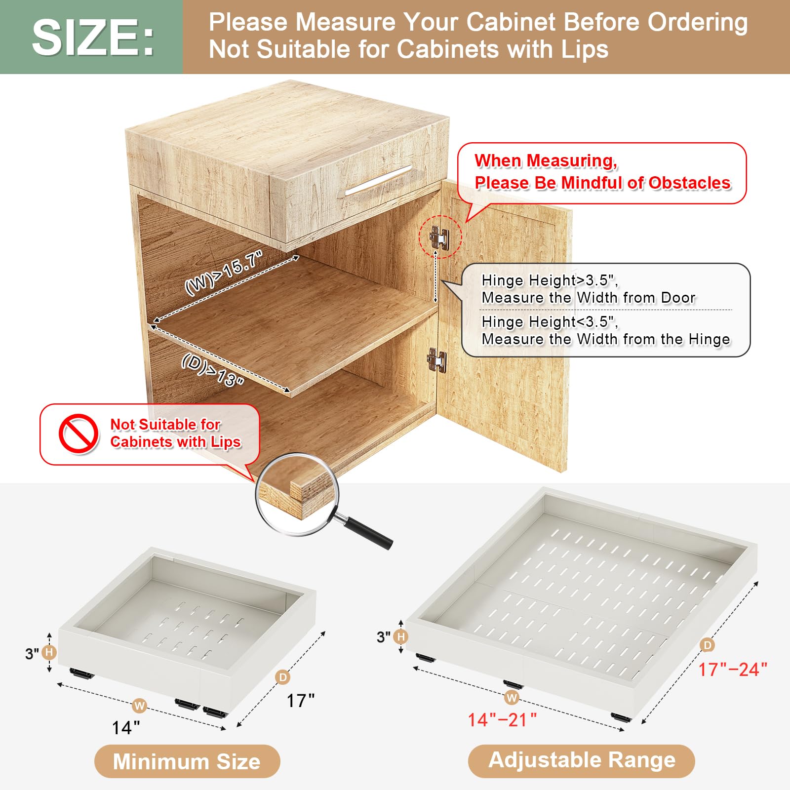 Pull out Cabinet Organizer,Width(14 "-21") and Depth(17"-24") Expandable With 3 Rails,Cabinet Roll out Drawers,No Drill Adjustable Slide out Drawers for Kitchen,Peel and Stick Pantry Pull out Shelves