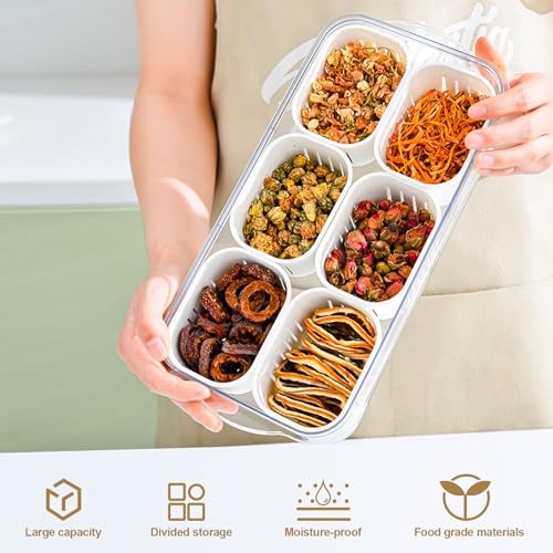 Dualshine Divided Serving Tray with Lid, Fruit Storage Containers for Fridge, Snack Box, Portable Food Storage Containers with 6 Compartments Keep Fruits, Snacks, Vegetables and Spices Fresh Longer