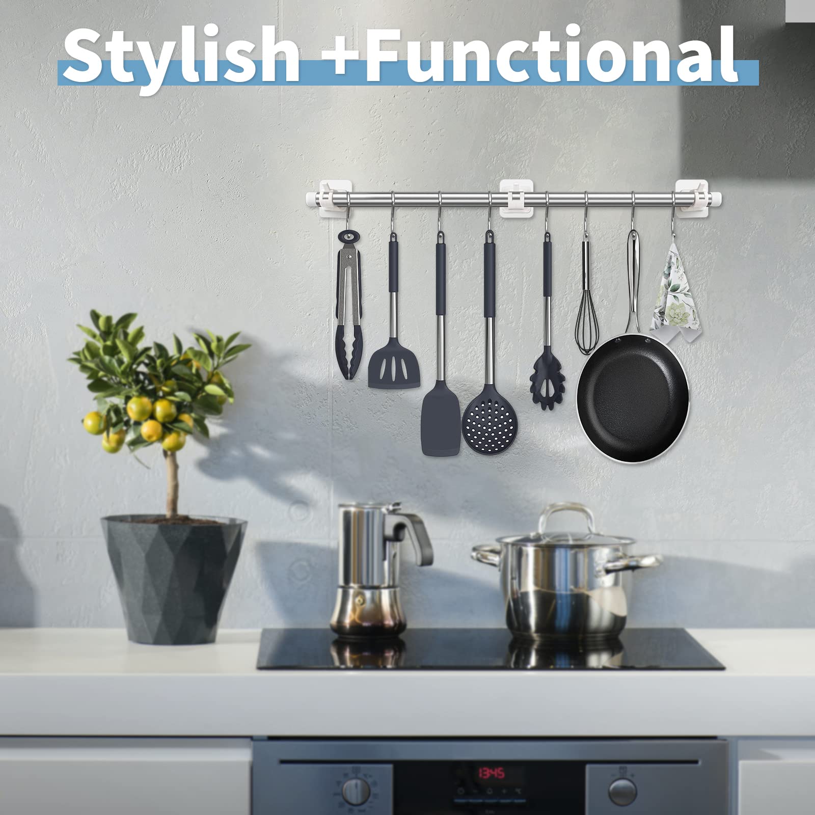 AKEISI Kitchen Utensil Rack,Kitchen Rail 2-Pack 16.7~30inch telescopic bathroom rack, Rail Rack Organizer for Hanging Knives Hanging Pot Rack Utensil Holder with 16 Hooks.