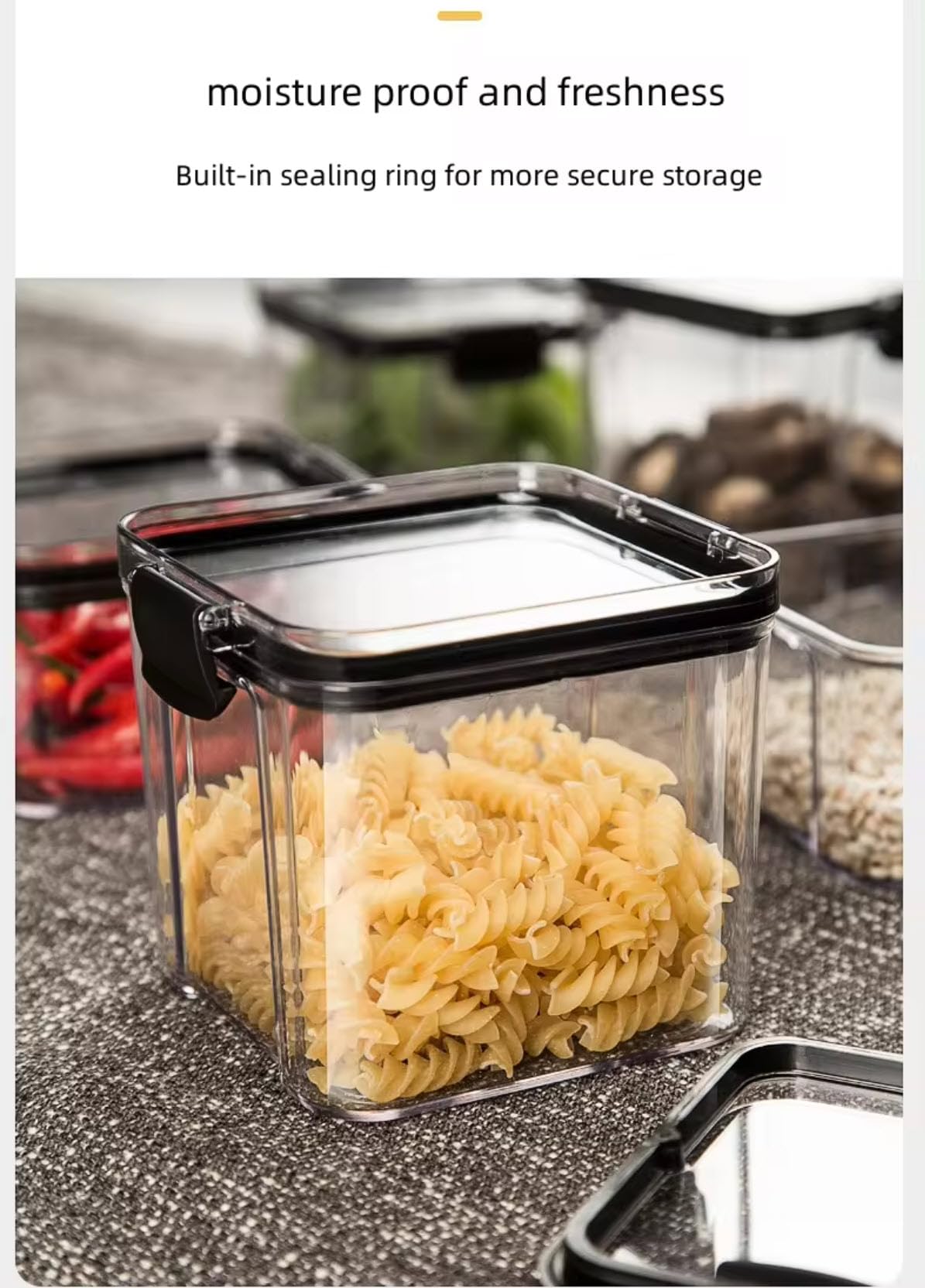 JAGF Airtight Food Storage Container - 5 Pce Set - Seal Stackable Plastic Canister Jar - Clear Plastic - Kitchen Cupboard Pantry Organizer, Spice, Pasta, Snack, Candy, Bean - For gift.