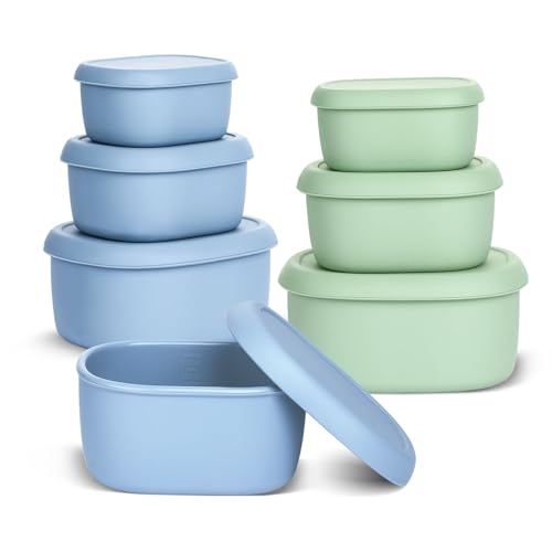 mwellewm 6 Pcs Silicone Food Storage Containers with Lids, Nesting Silicone Snack Box Containers Set Reusable Airtight Dishwasher and Freezer Safe Carry(6.7oz, 10oz, 20oz) - Green and Blue
