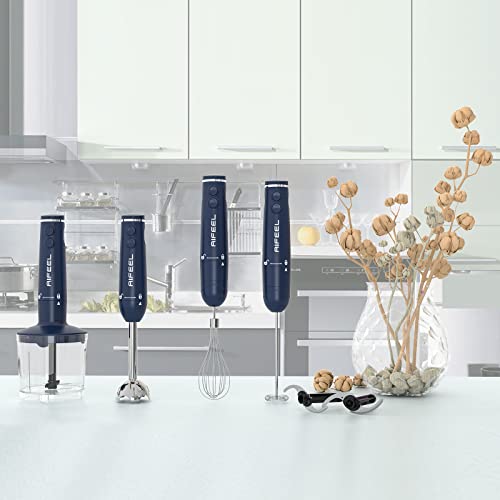 Aifeel Immersion Hand Blender.300W Handheld Stick Blender Set with 500ML Food Processor, Ice Crusher.600ML Measuring Cup, SUS blending attachment and Wire Whisk - Blue