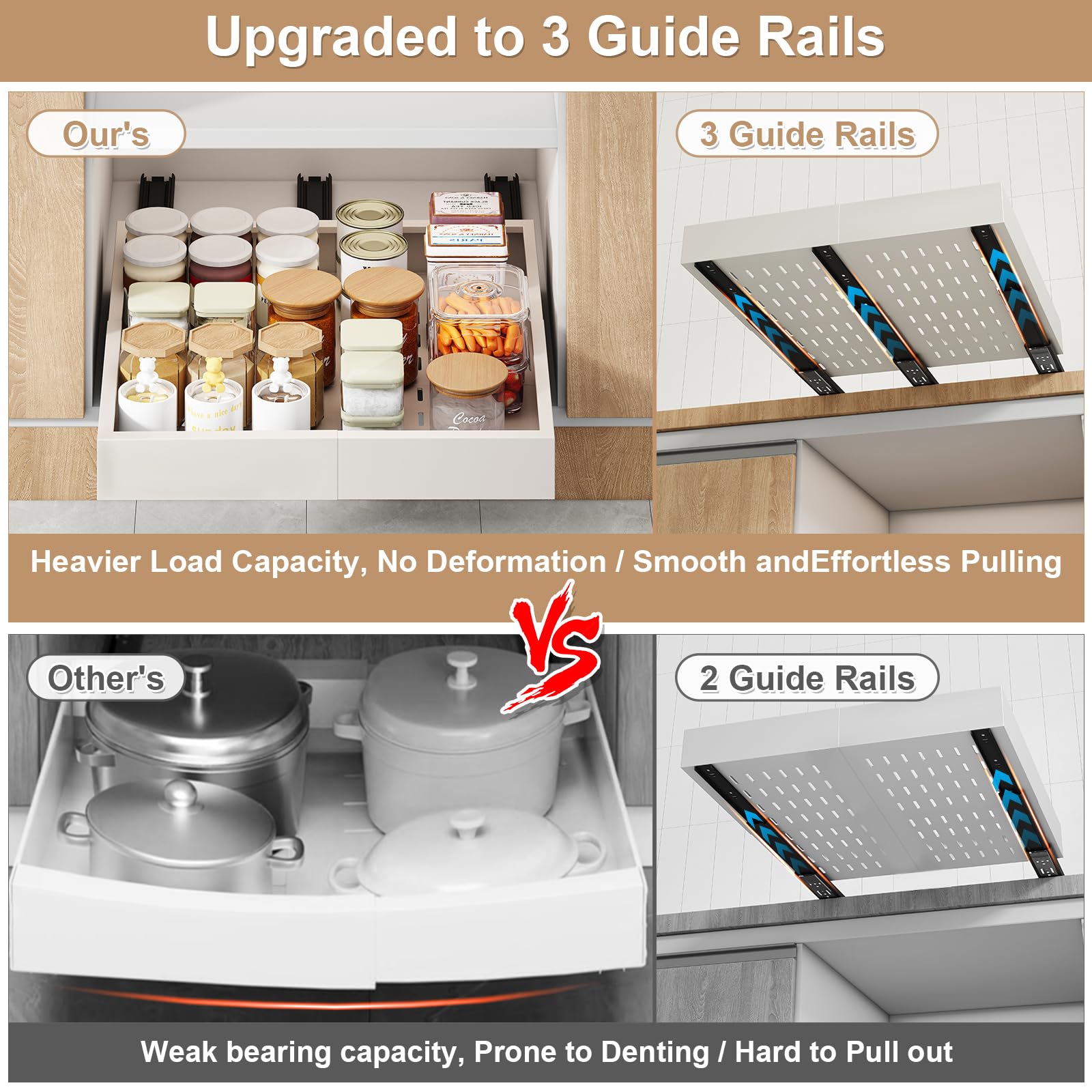 Pull out Cabinet Organizer,Width(14 "-21") and Depth(17"-24") Expandable With 3 Rails,Cabinet Roll out Drawers,No Drill Adjustable Slide out Drawers for Kitchen,Peel and Stick Pantry Pull out Shelves
