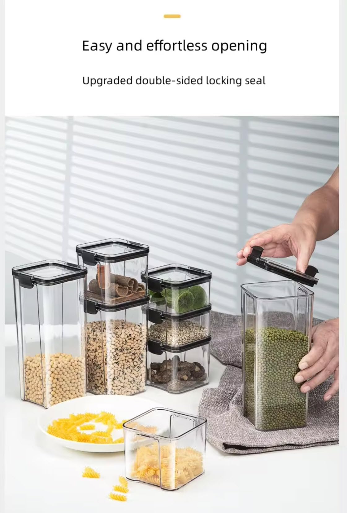 JAGF Airtight Food Storage Container - 5 Pce Set - Seal Stackable Plastic Canister Jar - Clear Plastic - Kitchen Cupboard Pantry Organizer, Spice, Pasta, Snack, Candy, Bean - For gift.