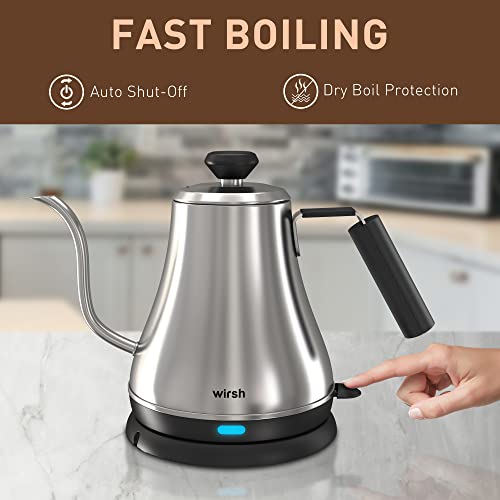 Wirsh Gooseneck Kettle, Electric Gooseneck Kettle with Auto Shut Off and Overheat Protection, Pour Over Coffee and Tea Kettle ,100% Stainless Steel, Leak-Proof Design, 0.8L