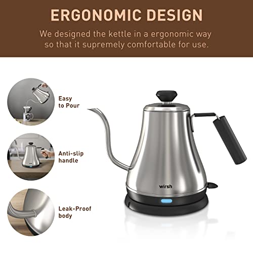 Wirsh Gooseneck Kettle, Electric Gooseneck Kettle with Auto Shut Off and Overheat Protection, Pour Over Coffee and Tea Kettle ,100% Stainless Steel, Leak-Proof Design, 0.8L