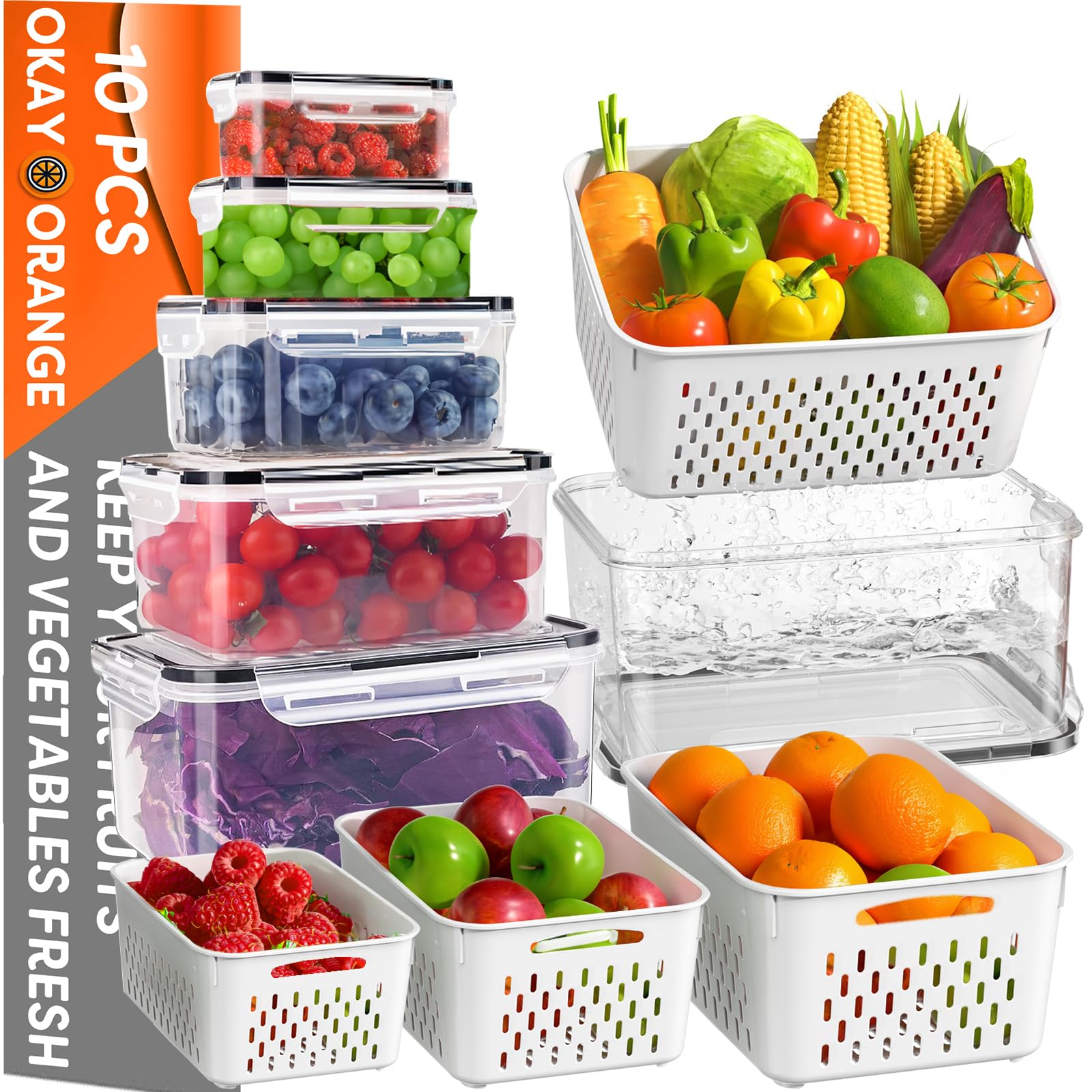 10 PCS Fruit Storage Containers for Fridge with Removable Colander, All-In-One Vegetable Berry Storage Containers for Washing, Draining, Freshness, the Largest Size with Handles