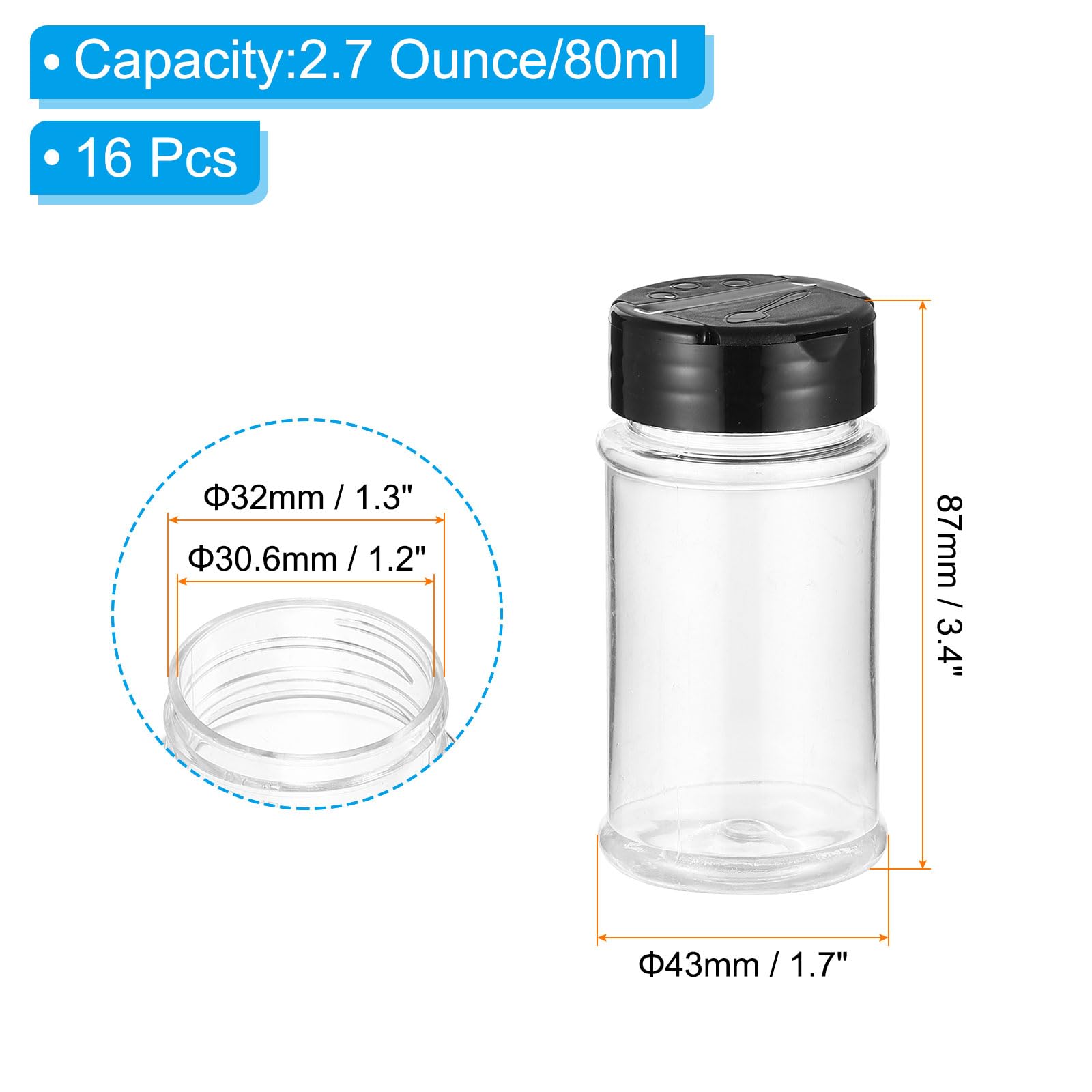 PATIKIL 2.7oz Plastic Spice Jars with Shaker Lids, 16 Pcs Refillable Empty Seasoning Containers Bottle with Black Cap for Storing Spice Salt Herbs Seasoning Powders Condiment, Clear