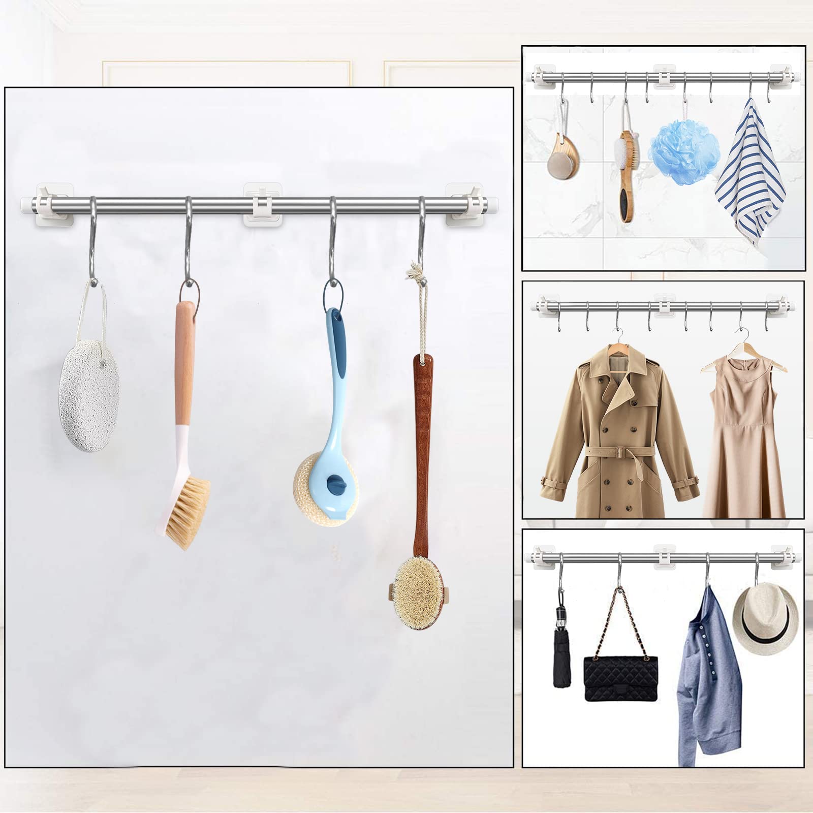 AKEISI Kitchen Utensil Rack,Kitchen Rail 2-Pack 16.7~30inch telescopic bathroom rack, Rail Rack Organizer for Hanging Knives Hanging Pot Rack Utensil Holder with 16 Hooks.