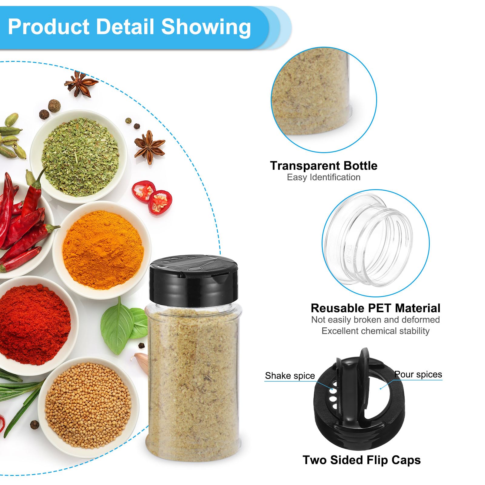 PATIKIL 2.7oz Plastic Spice Jars with Shaker Lids, 16 Pcs Refillable Empty Seasoning Containers Bottle with Black Cap for Storing Spice Salt Herbs Seasoning Powders Condiment, Clear