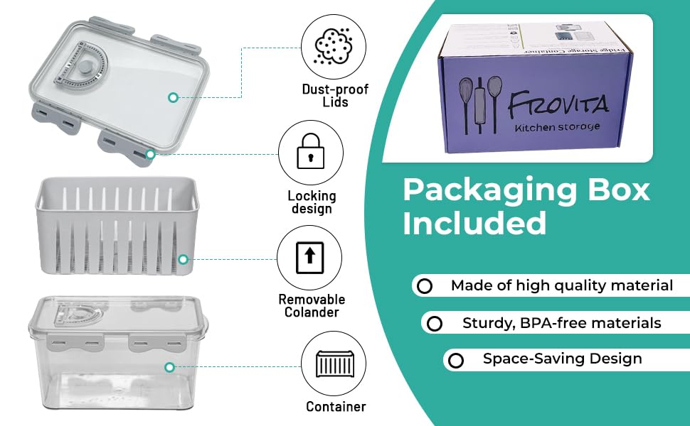 Frovita 3PCS Fruit Containers for Fridge - Airtight Fruit Storage Containers for Fridge with Lids and Strainers - Food Organizer Containers Colander with Built in Month and Date Tracker