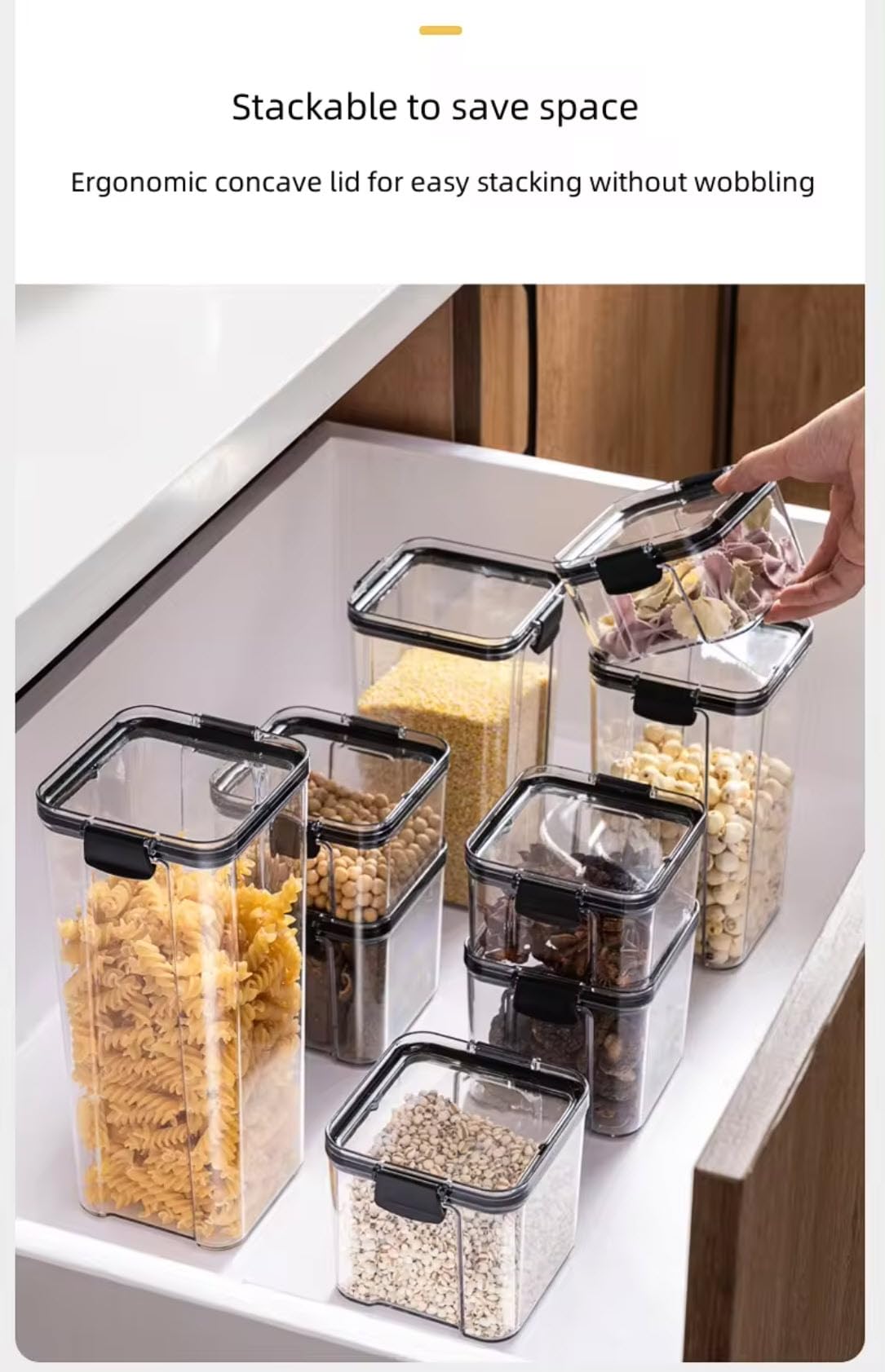 JAGF Airtight Food Storage Container - 5 Pce Set - Seal Stackable Plastic Canister Jar - Clear Plastic - Kitchen Cupboard Pantry Organizer, Spice, Pasta, Snack, Candy, Bean - For gift.