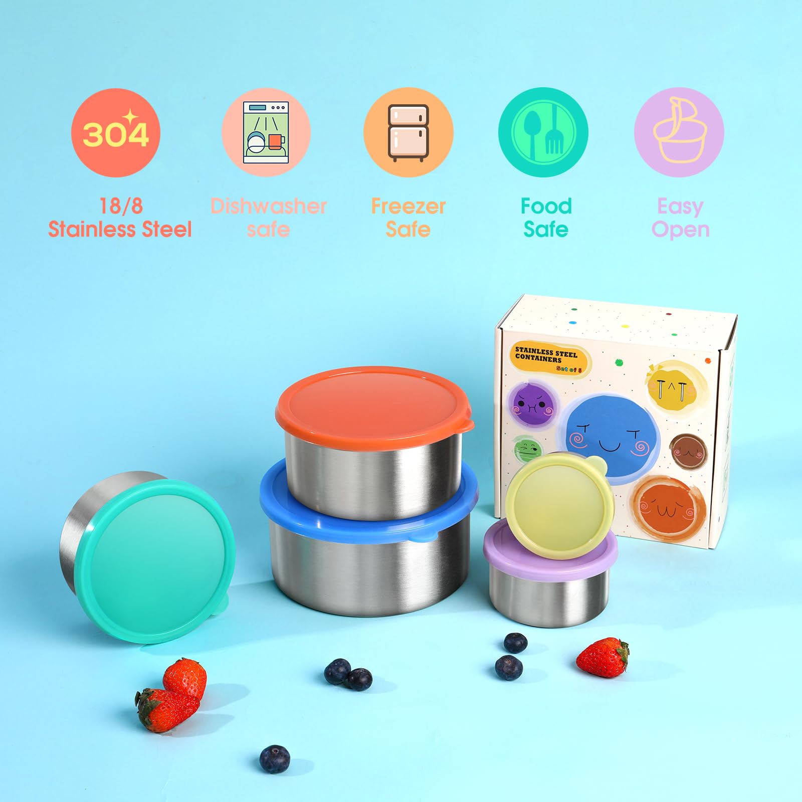 fruui Stainless Steel Containers with Lids, 3 Pack Reusable Snack Containers, 18/8 Stainless Steel Lunch Box Containers, Leakproof, Premium Silicone, Easy Open Food Containers - 13oz, 7oz, 3oz