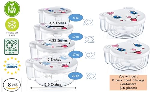 Food Storage Containers with lids 8 Pack (16 Pieces), Snack Containers Cute Plastic Animal Print Storage Lunch Box, Easy open Stackable Bpa Free Plastic, Space-Saving (Dog)