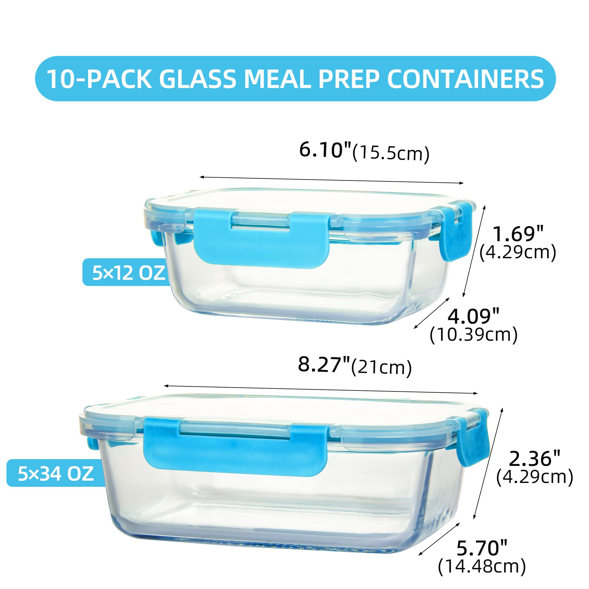 UMI UMIZILI Glass Food Storage Containers with Lids, 10 Pack Leakproof Glass Meal Prep Containers Airtight Stackable Glass Containers for Leftover, Fruit, Vetageables, Dishwasher Safe