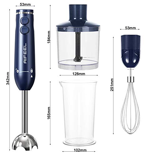 Aifeel Immersion Hand Blender.300W Handheld Stick Blender Set with 500ML Food Processor, Ice Crusher.600ML Measuring Cup, SUS blending attachment and Wire Whisk - Blue
