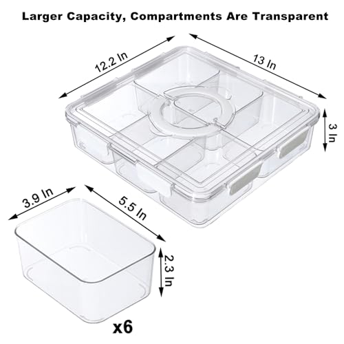 Large Snack Box Container, Clear Divided Serving Tray with Lid and Handle, Portable Snack Tray with Lid for Fruit Veggie Candy, Travel Snackle Box Charcuterie Container for Picnic Party (White, 1 pcs)
