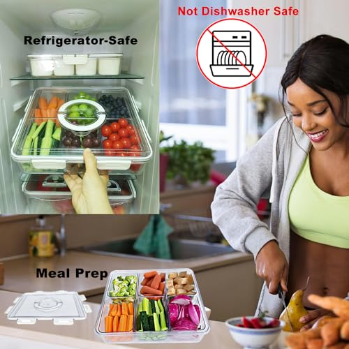 Large Snack Box Container, Clear Divided Serving Tray with Lid and Handle, Portable Snack Tray with Lid for Fruit Veggie Candy, Travel Snackle Box Charcuterie Container for Picnic Party (White, 1 pcs)