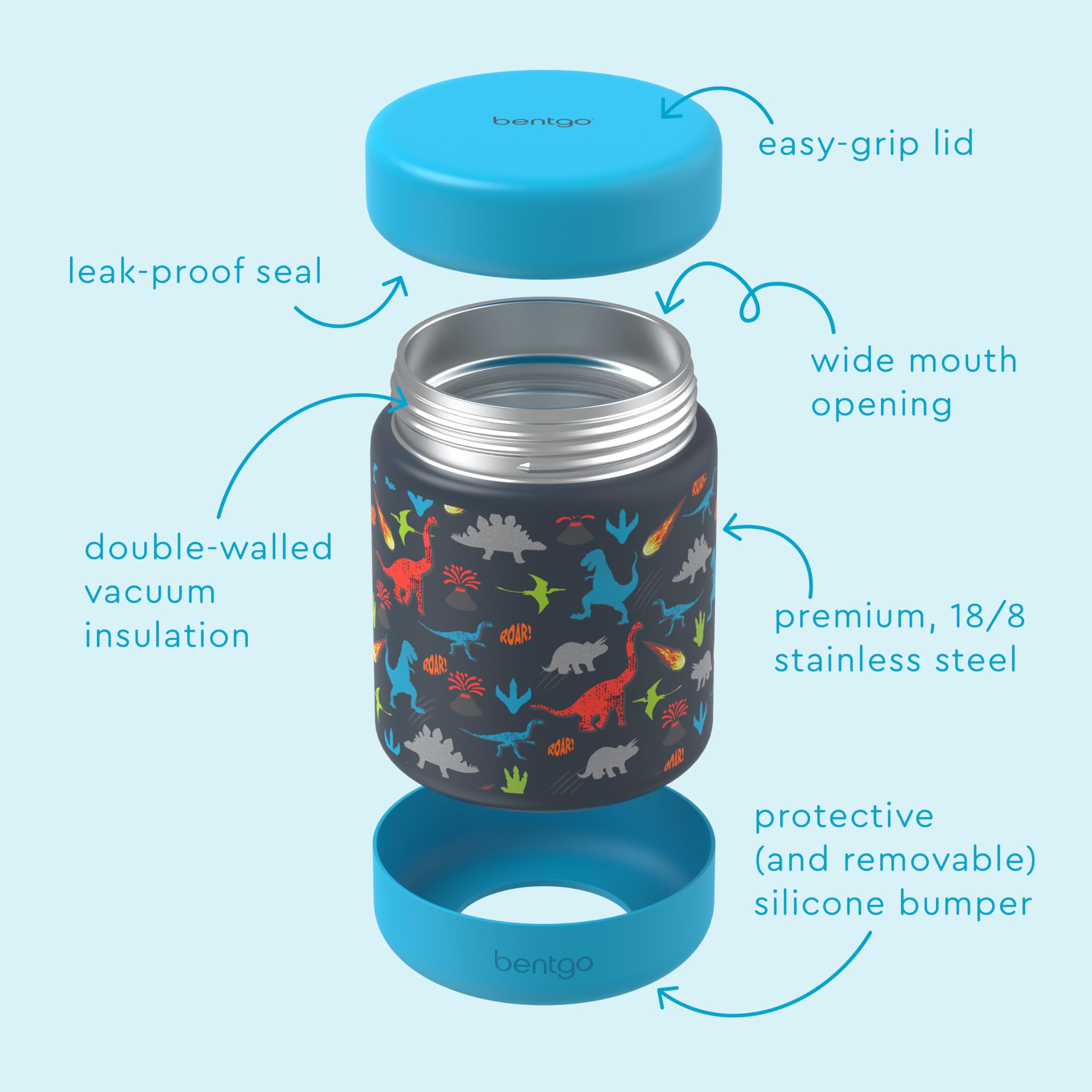 Bentgo Kids Stainless Steel Food Jar - 11oz Leak-Proof Double Insulated Hot or Cold Food Container with Removable Silicone Bumper, Dishwasher Safe, Easy Open Lid, Ages 3+ (Dinosaur)