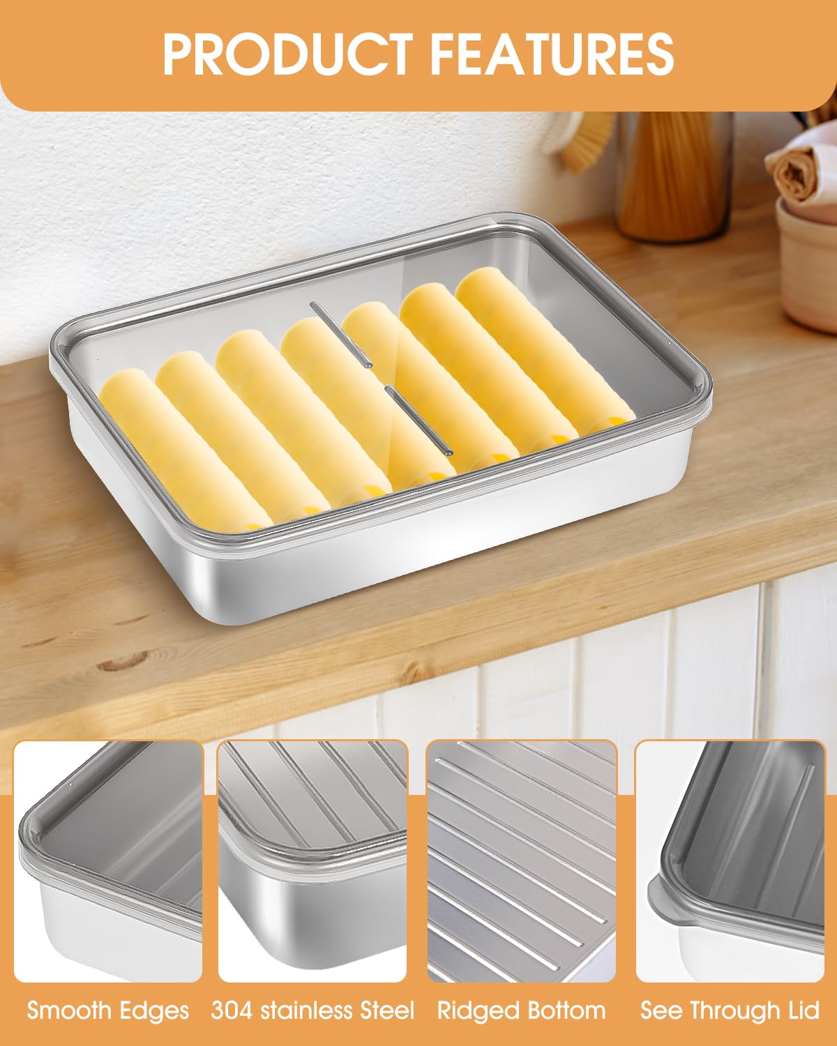 LayaVilla 1PCS Cheese Container for Fridge, 304 Stainless Steel Deli Meat Container for Fridge with Ridged Bottom, Food Storage Containers with Lids (1PCS Cheese Container- 27 FL OZ)