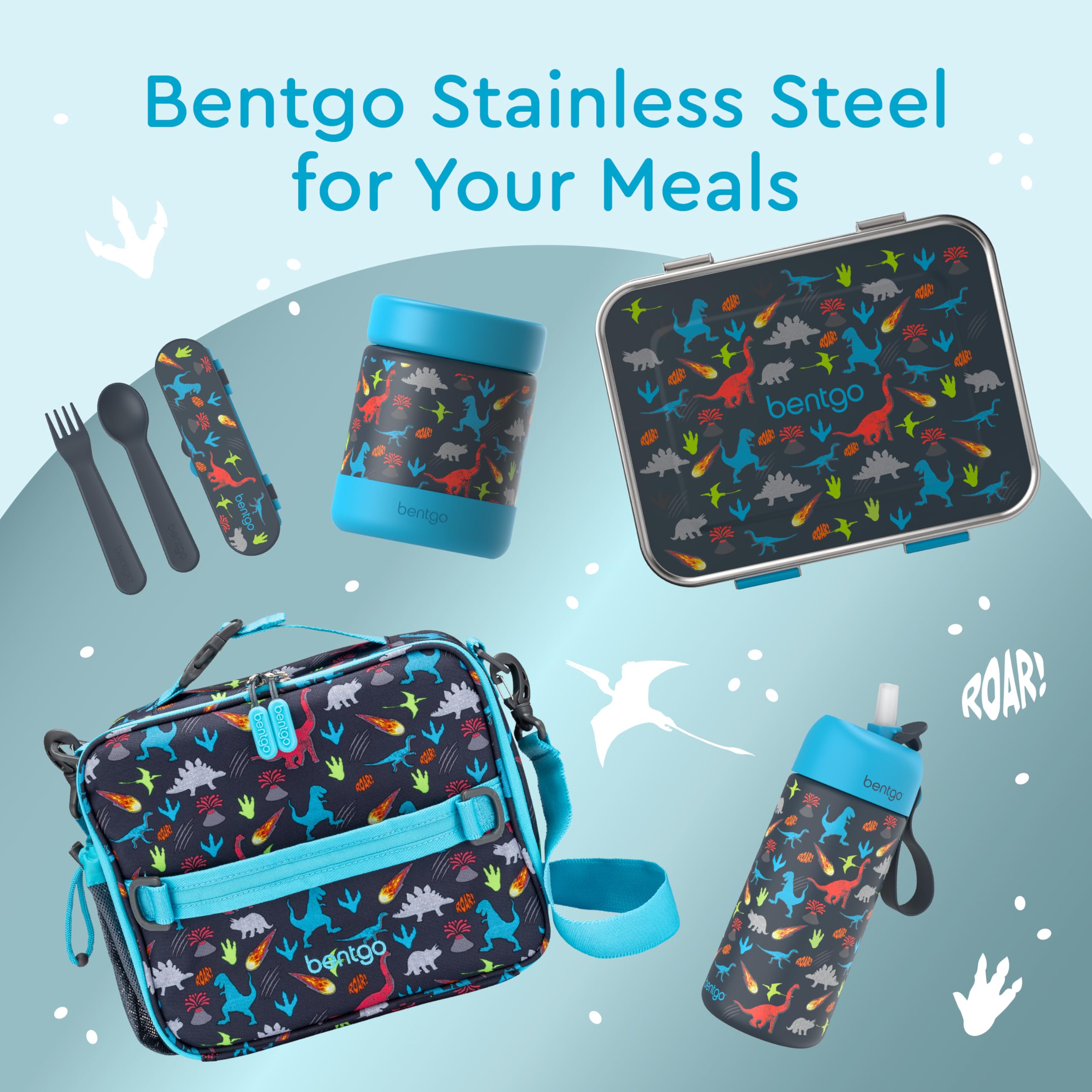 Bentgo Kids Stainless Steel Food Jar - 11oz Leak-Proof Double Insulated Hot or Cold Food Container with Removable Silicone Bumper, Dishwasher Safe, Easy Open Lid, Ages 3+ (Dinosaur)