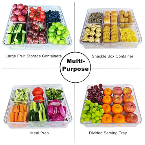 Large Snack Box Container, Clear Divided Serving Tray with Lid and Handle, Portable Snack Tray with Lid for Fruit Veggie Candy, Travel Snackle Box Charcuterie Container for Picnic Party (White, 1 pcs)