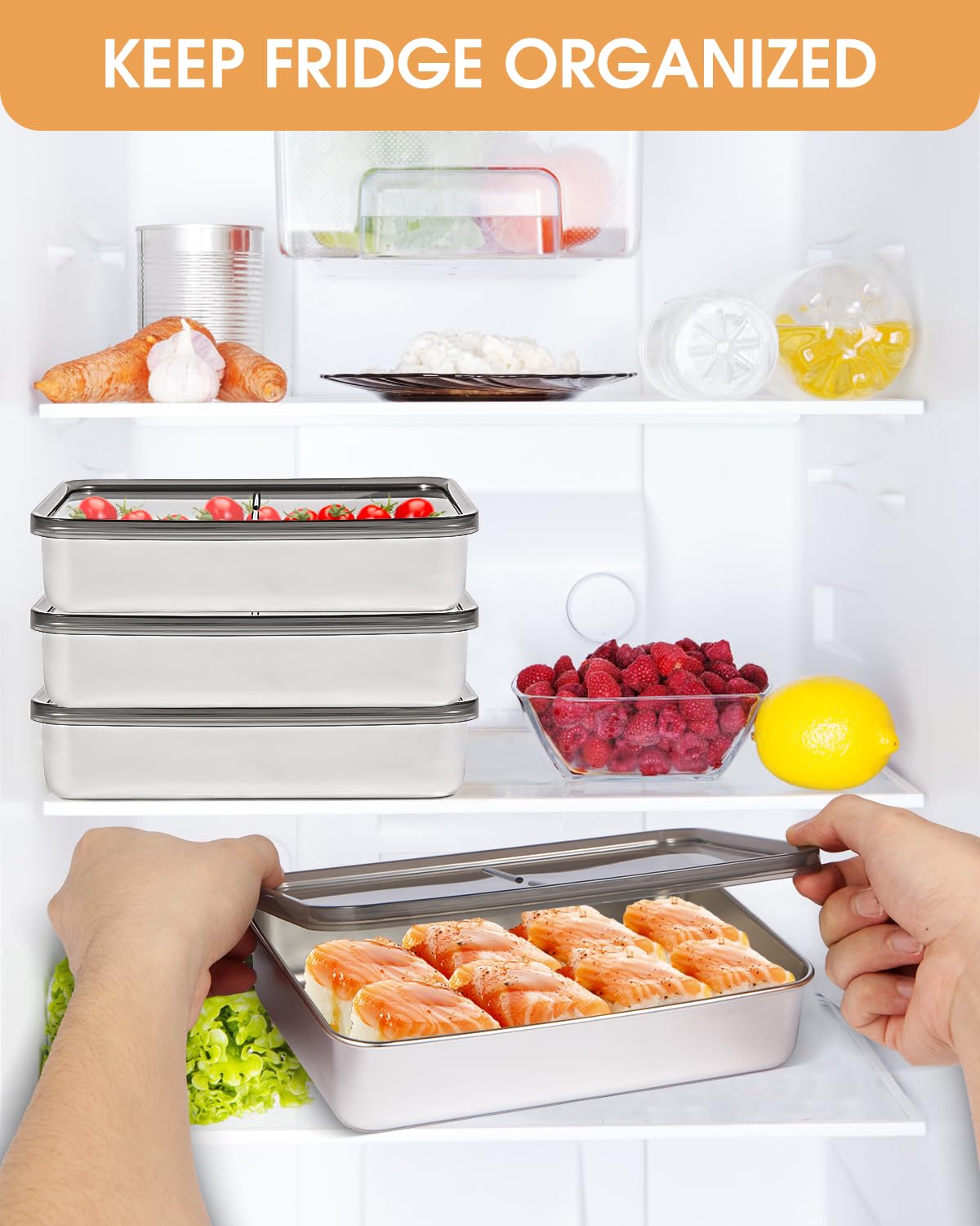 LayaVilla 1PCS Cheese Container for Fridge, 304 Stainless Steel Deli Meat Container for Fridge with Ridged Bottom, Food Storage Containers with Lids (1PCS Cheese Container- 27 FL OZ)