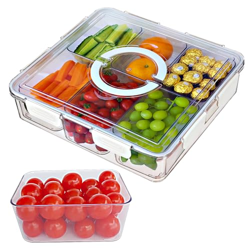 Large Snack Box Container, Clear Divided Serving Tray with Lid and Handle, Portable Snack Tray with Lid for Fruit Veggie Candy, Travel Snackle Box Charcuterie Container for Picnic Party (White, 1 pcs)