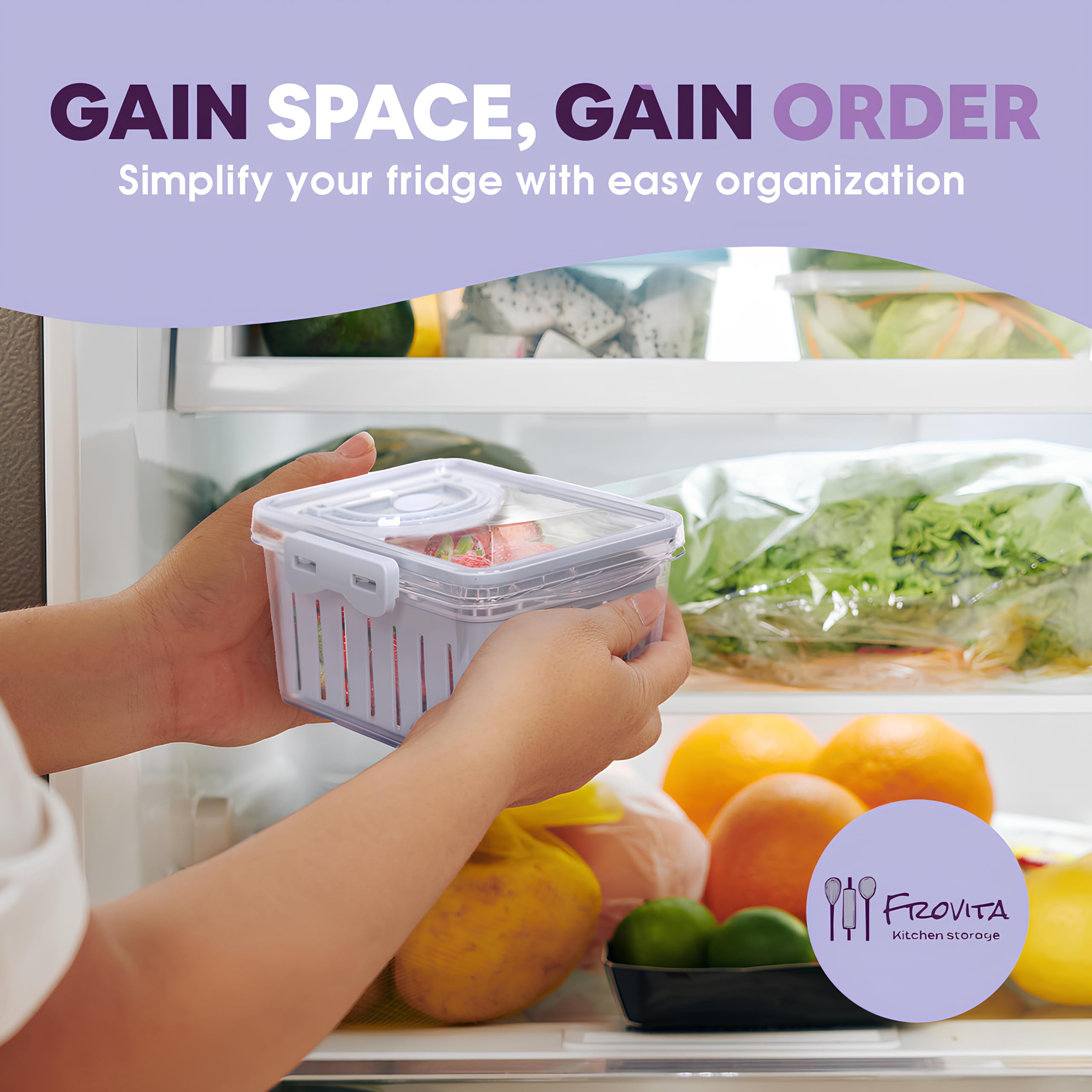 Frovita 3PCS Fruit Containers for Fridge - Airtight Fruit Storage Containers for Fridge with Lids and Strainers - Food Organizer Containers Colander with Built in Month and Date Tracker