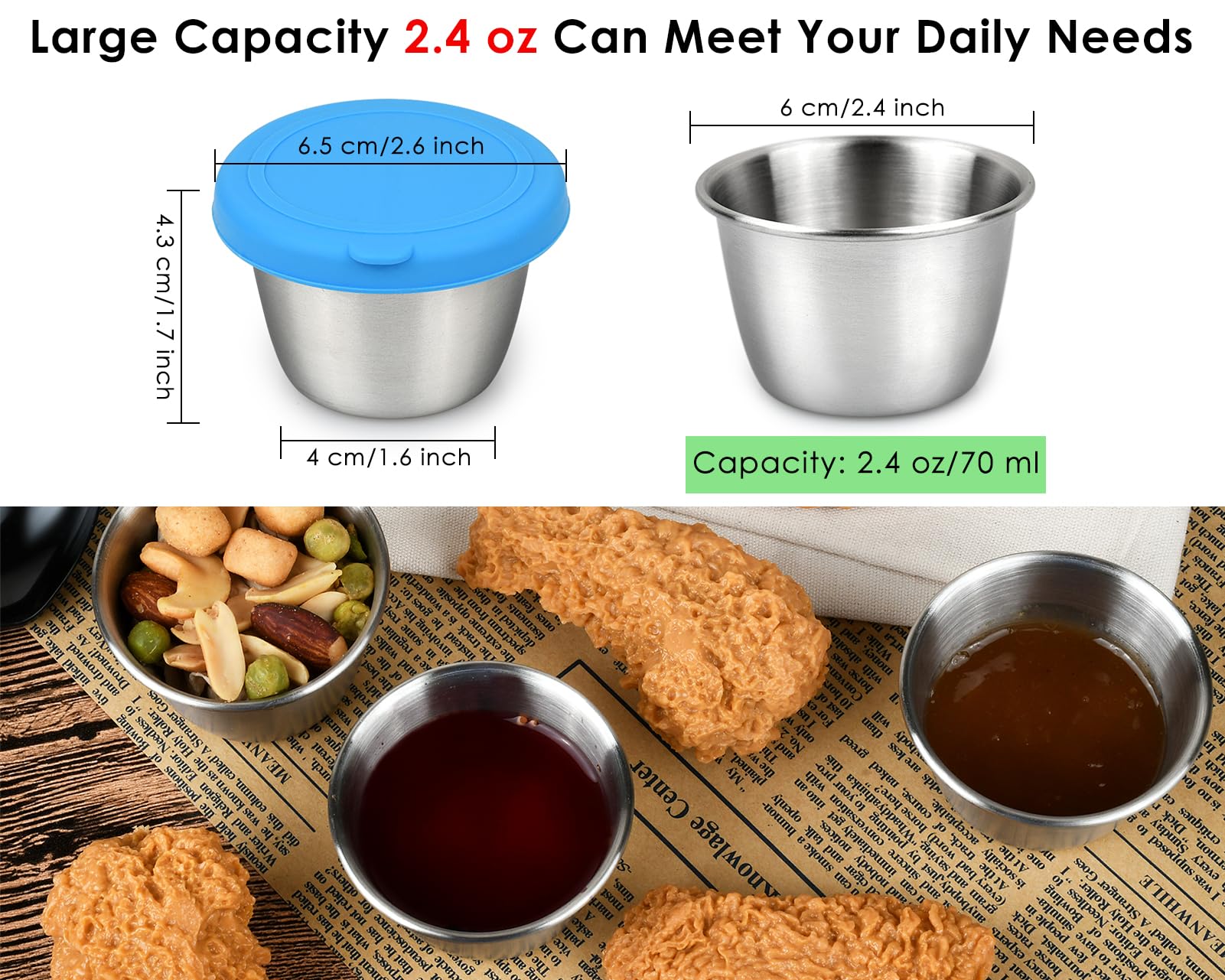 Victhur Salad Dressing Container To Go, 6 Pieces 2.4oz 304 Stainless Steel Sauce Containers with Silicone Lids for Snacks, Dipping Sauce