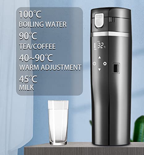 24V/12V Travel Electric Kettle for Car/Truck, 480ml Car Heating Mug with Anti-Spill Lid, Leakproof, 304 Stainless Steel Liner Portable Coffee Tea Cup Up to 100β Variable Temp Control Thermos