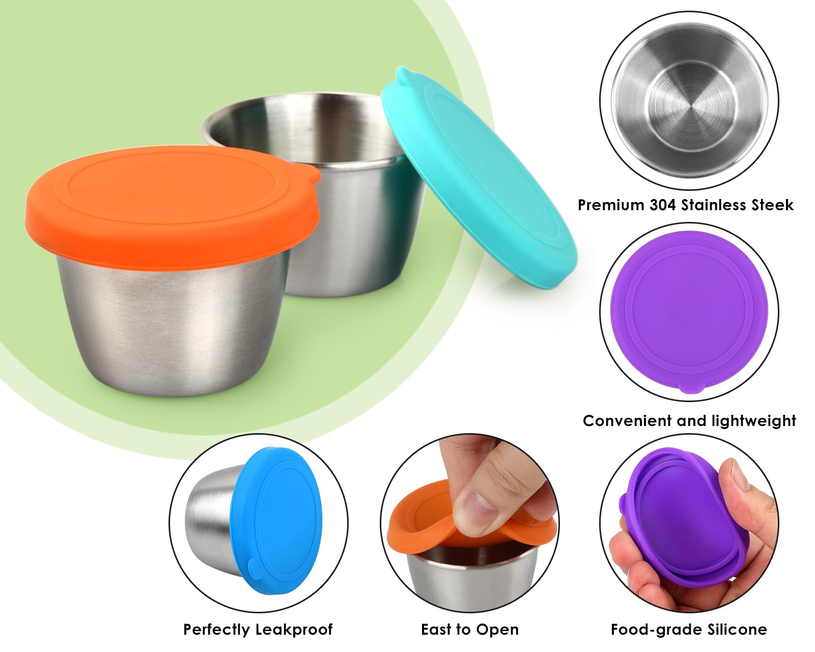 Victhur Salad Dressing Container To Go, 6 Pieces 2.4oz 304 Stainless Steel Sauce Containers with Silicone Lids for Snacks, Dipping Sauce