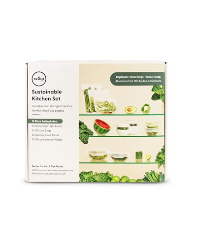 W&P Sustainable Kitchen Set, 14 Pieces (Seal Tight Bowls, Silicone Bags, Stretch Lids & Stretch Wrap) Non-Toxic, Microwave-Safe, Dishwasher-Safe