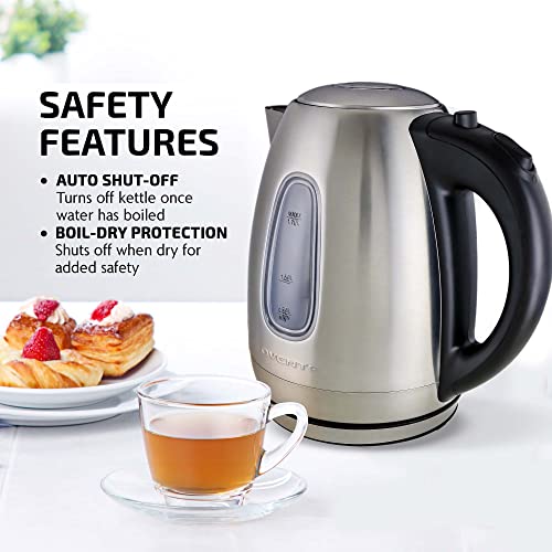 Ovente Portable Electric Hot Water Kettle 1.7 Liter Stainless Steel 1100 Watt Power Fast Heating Element Countertop Tea Maker Boiler Heater with Automatic Shut-Off & Boil Dry Protection Silver KS960S
