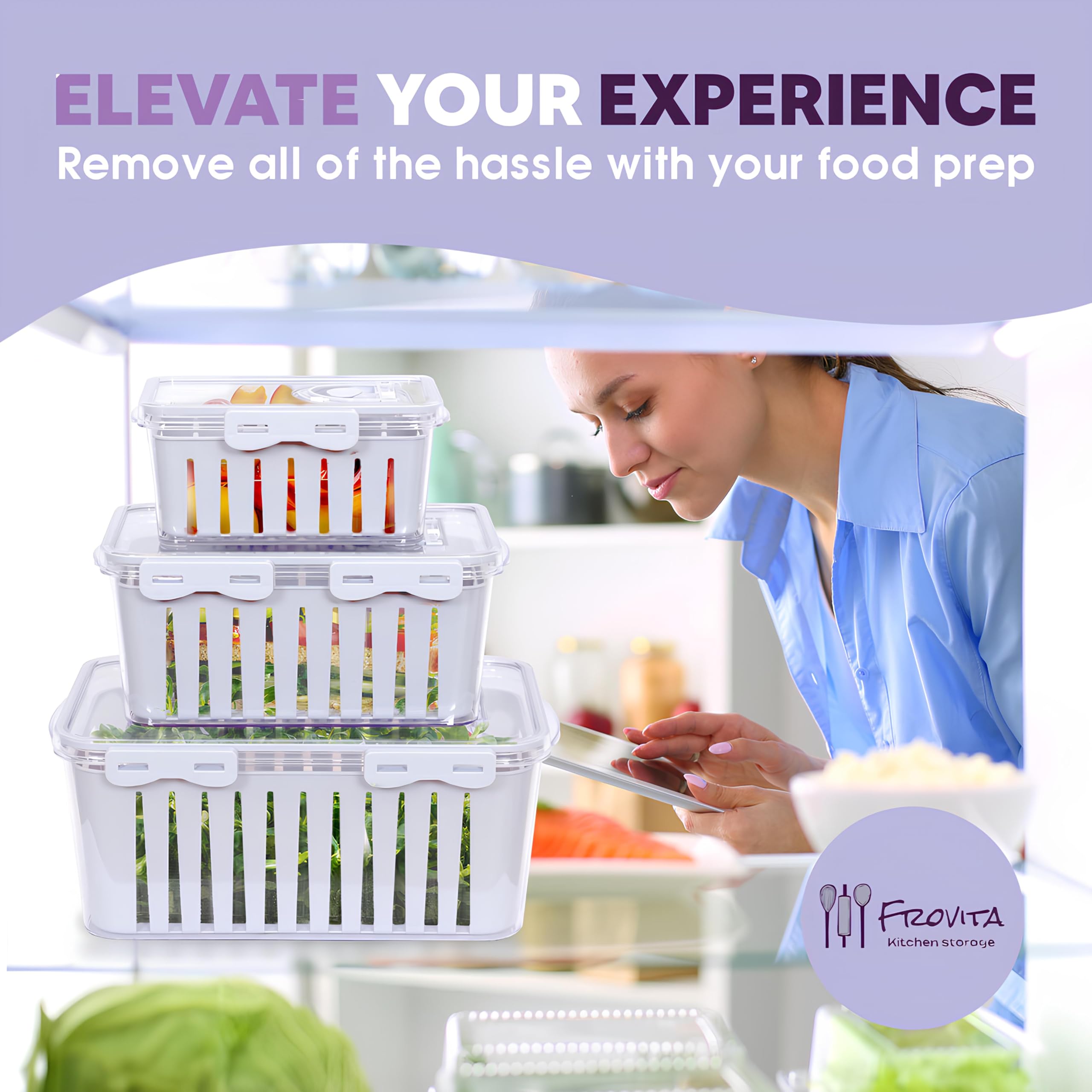 Frovita 3PCS Fruit Containers for Fridge - Airtight Fruit Storage Containers for Fridge with Lids and Strainers - Food Organizer Containers Colander with Built in Month and Date Tracker