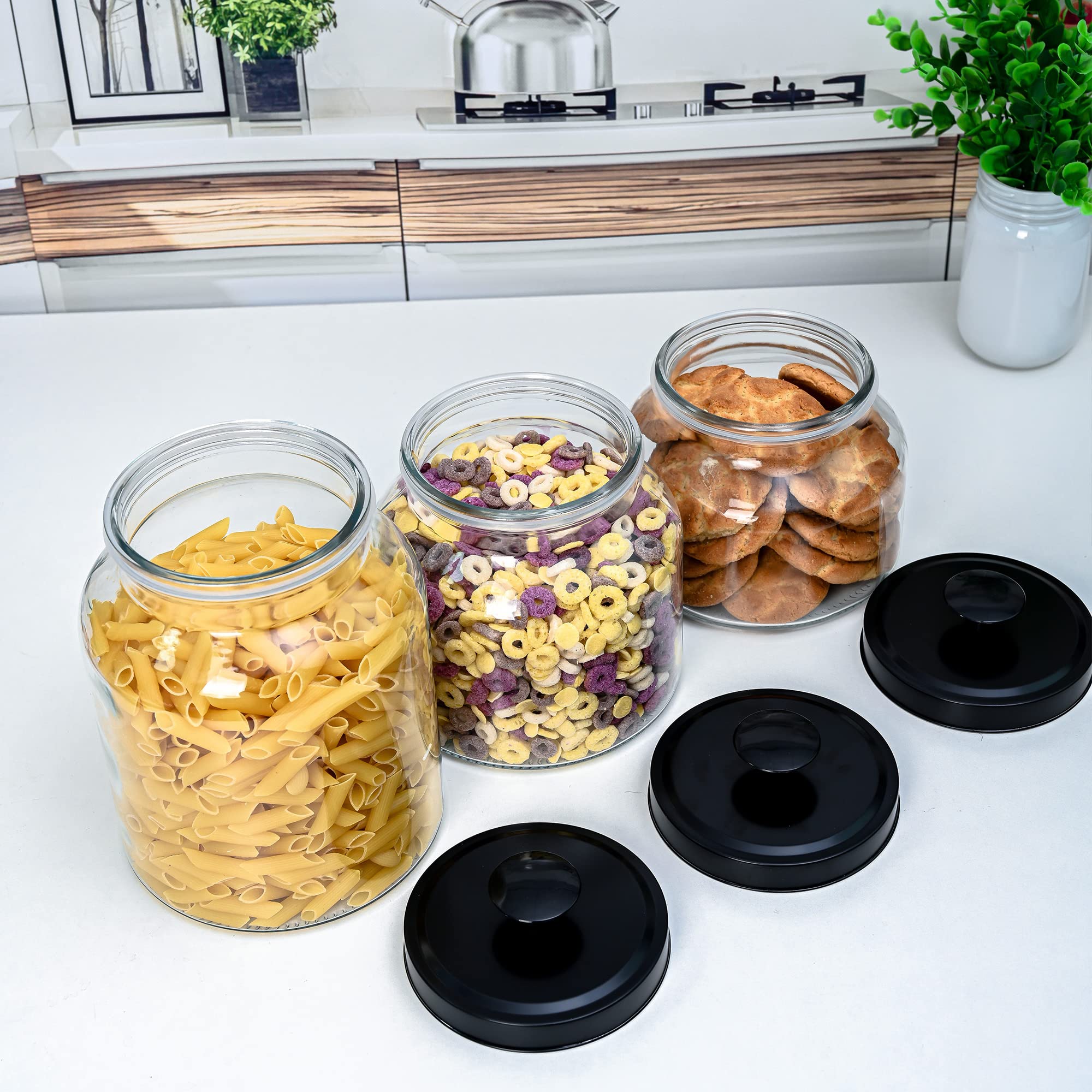 Clear Glass Kitchen Canister Set, Cookie Jar, Food Storage Container, Bathroom Jar with Metal Airtight Lid (Black)