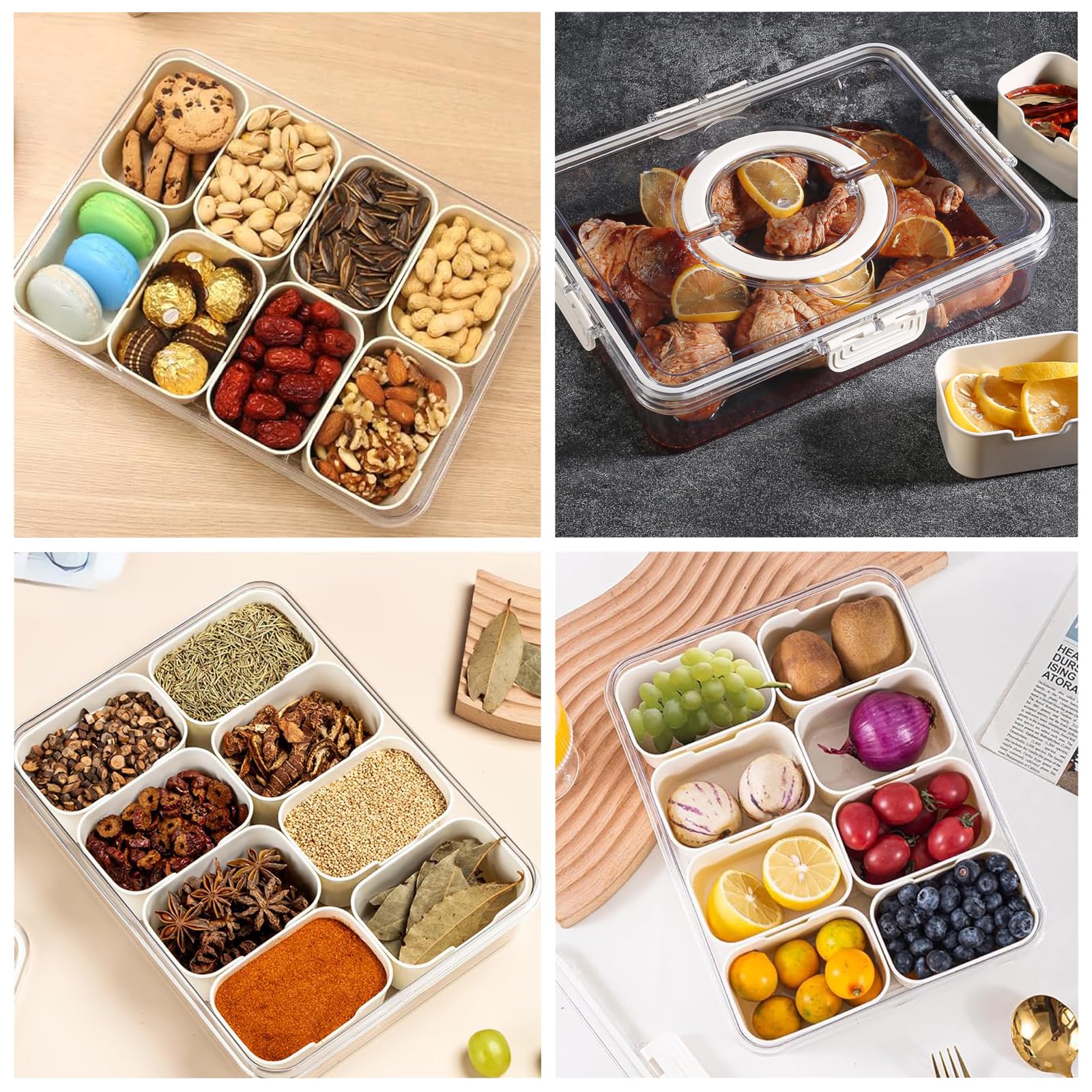 2Pcs Divided Serving Tray with Lid and Handle, Clear Snack Travel Storage Container, Multi Grid Food Storage Container for Parties, Fruits, Nuts, Candies, Travel, Picnics (8 compartments)