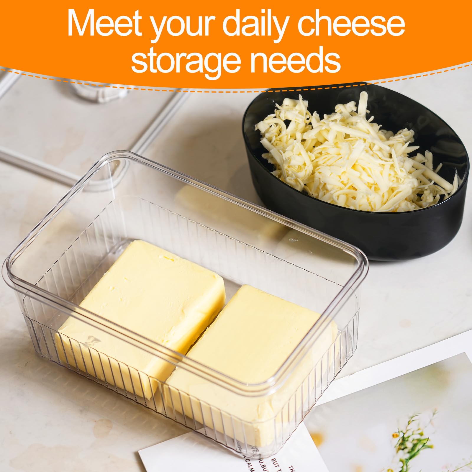 Cheese Container for Refrigerator, Cheese Grater with Container, Cheese Block Holder for Fridge, Sliced Cheese Keeper Food Storage Box for Butter Deli Meat Bacon Lunch Meat Cold Cuts Vegetable