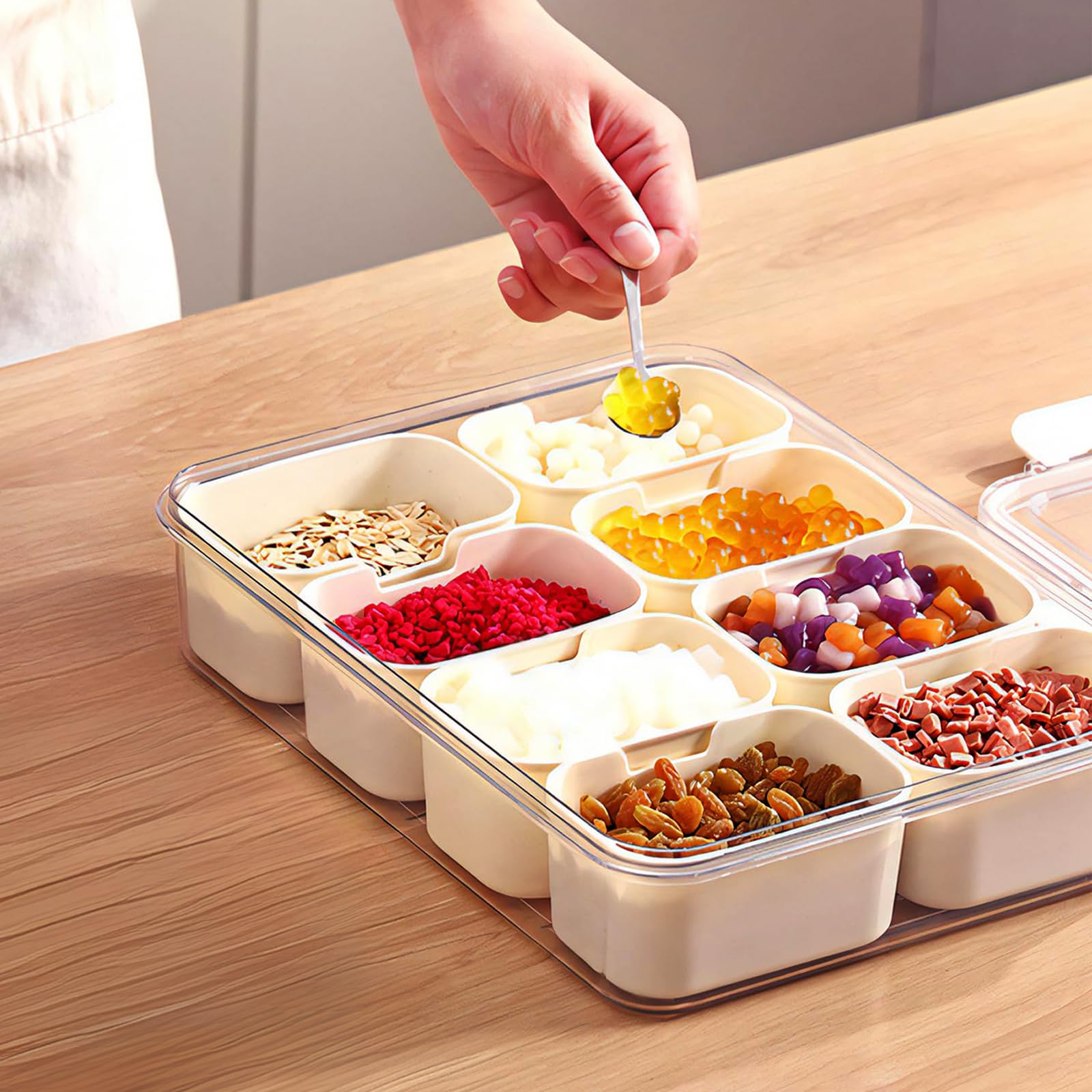 2Pcs Divided Serving Tray with Lid and Handle, Clear Snack Travel Storage Container, Multi Grid Food Storage Container for Parties, Fruits, Nuts, Candies, Travel, Picnics (8 compartments)