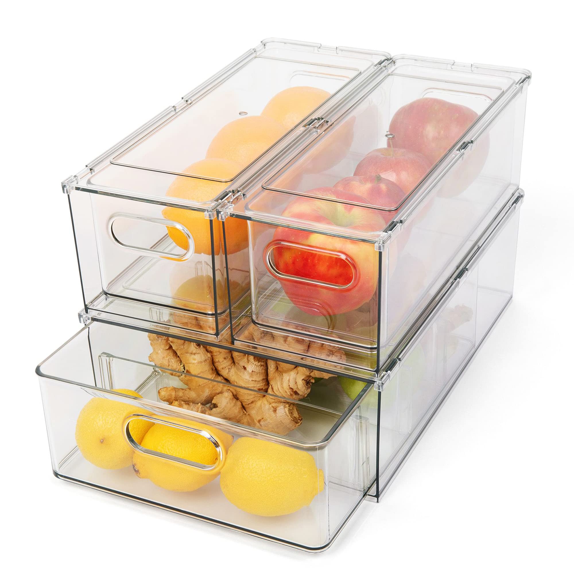 JRA products Pack of 3 Fridge Organizer with Pull-out Drawers Large Stackable Refrigerator Organizer Bins Set with Handles Clear Pantry Storage Bins for Kitchen, Freezer, and Cabinet