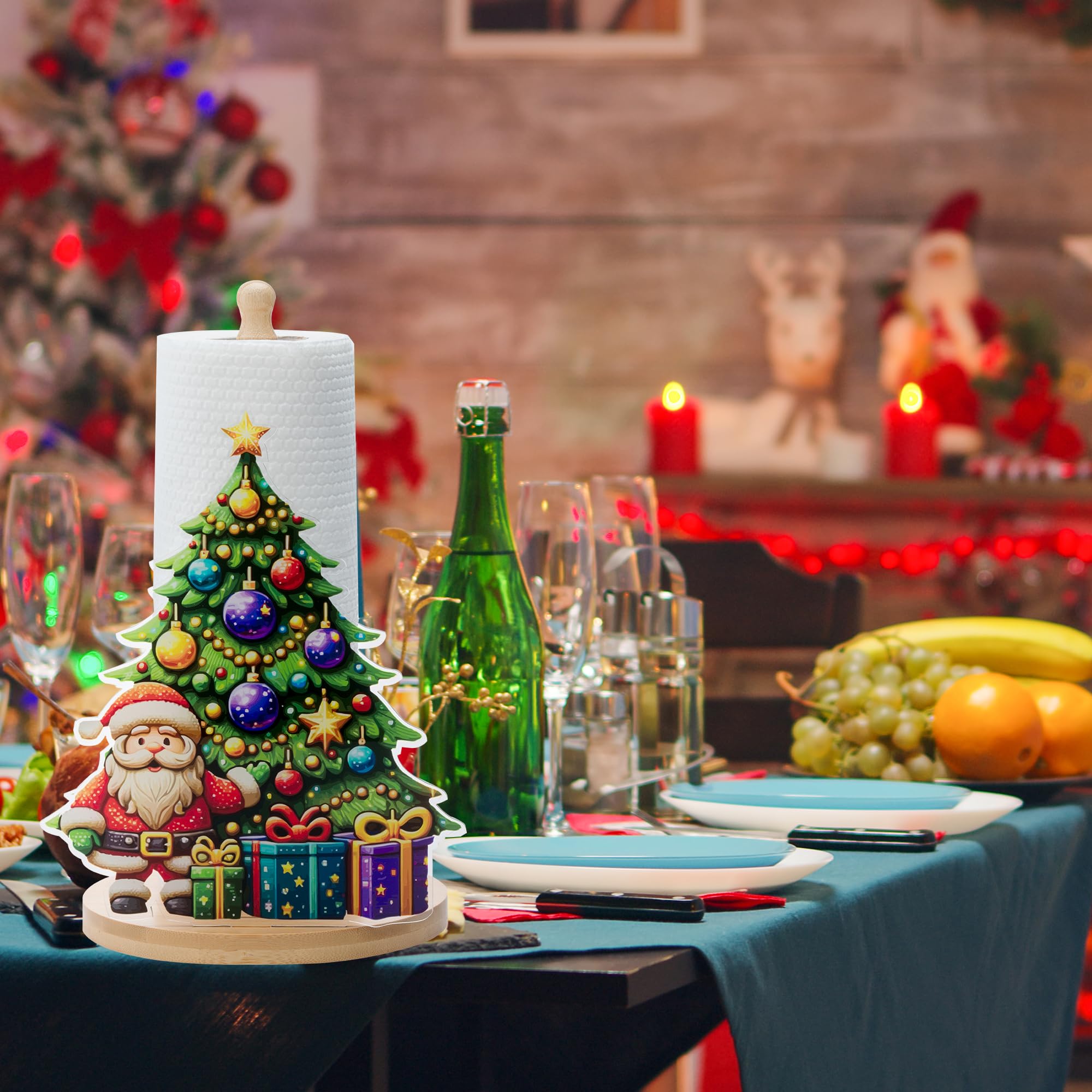 Christmas Paper Towel Holder - Wooden Countertop Dispenser with Acrylic Christmas Tree Design, Festive Holiday Kitchen Decor and Paper Towel Organizer