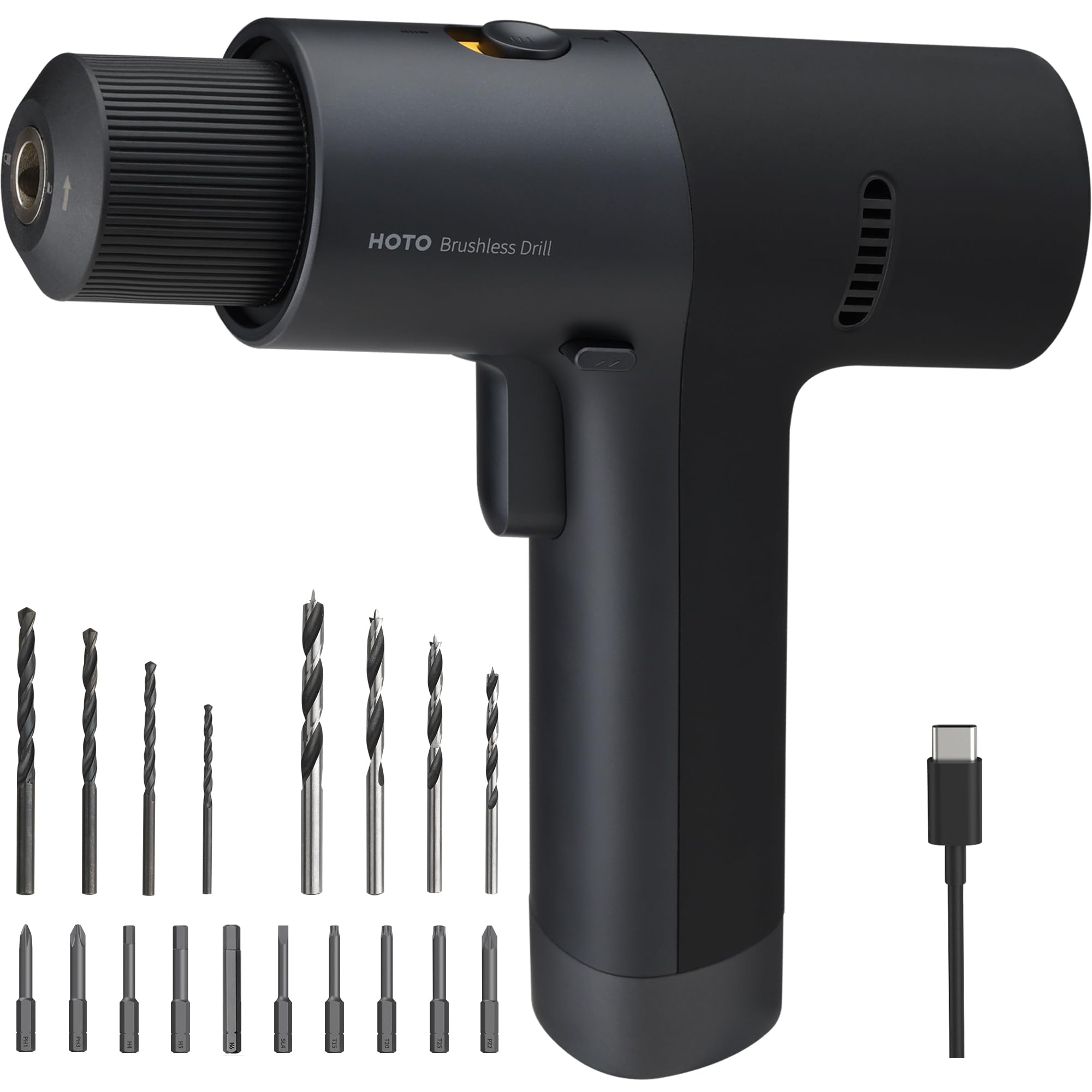 HOTO Cordless Brushless Drill 12V, LED Display Screen, 30 Precision Gears, 2 Working Modes, 2000mAh Battery, 266 In-lbs (30N·m) Torque, 3/8 Inch Keyless Chuck, 1400RPM, 10 x Bits, 8 x Drill Bits
