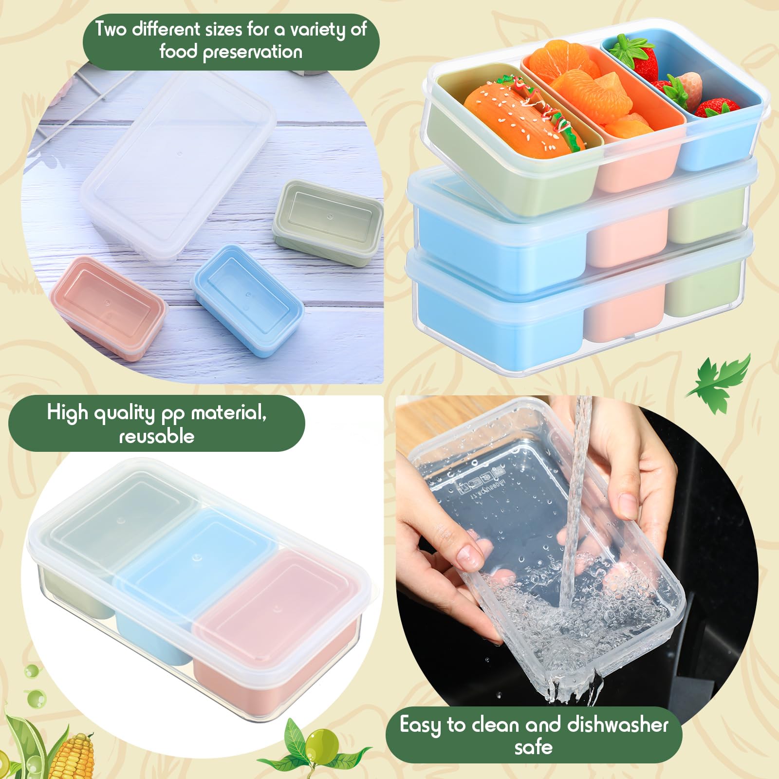 SiliFine 4 Set Snack Containers with 3 Removable Compartments Reusable Snack Box with Lids Stackable Meal Prep Containers for Fridge Charcuterie Candy Nuts Spice, Microwave Dishwasher Safe
