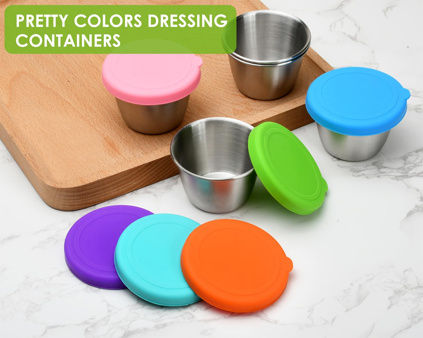 Victhur Salad Dressing Container To Go, 6 Pieces 2.4oz 304 Stainless Steel Sauce Containers with Silicone Lids for Snacks, Dipping Sauce