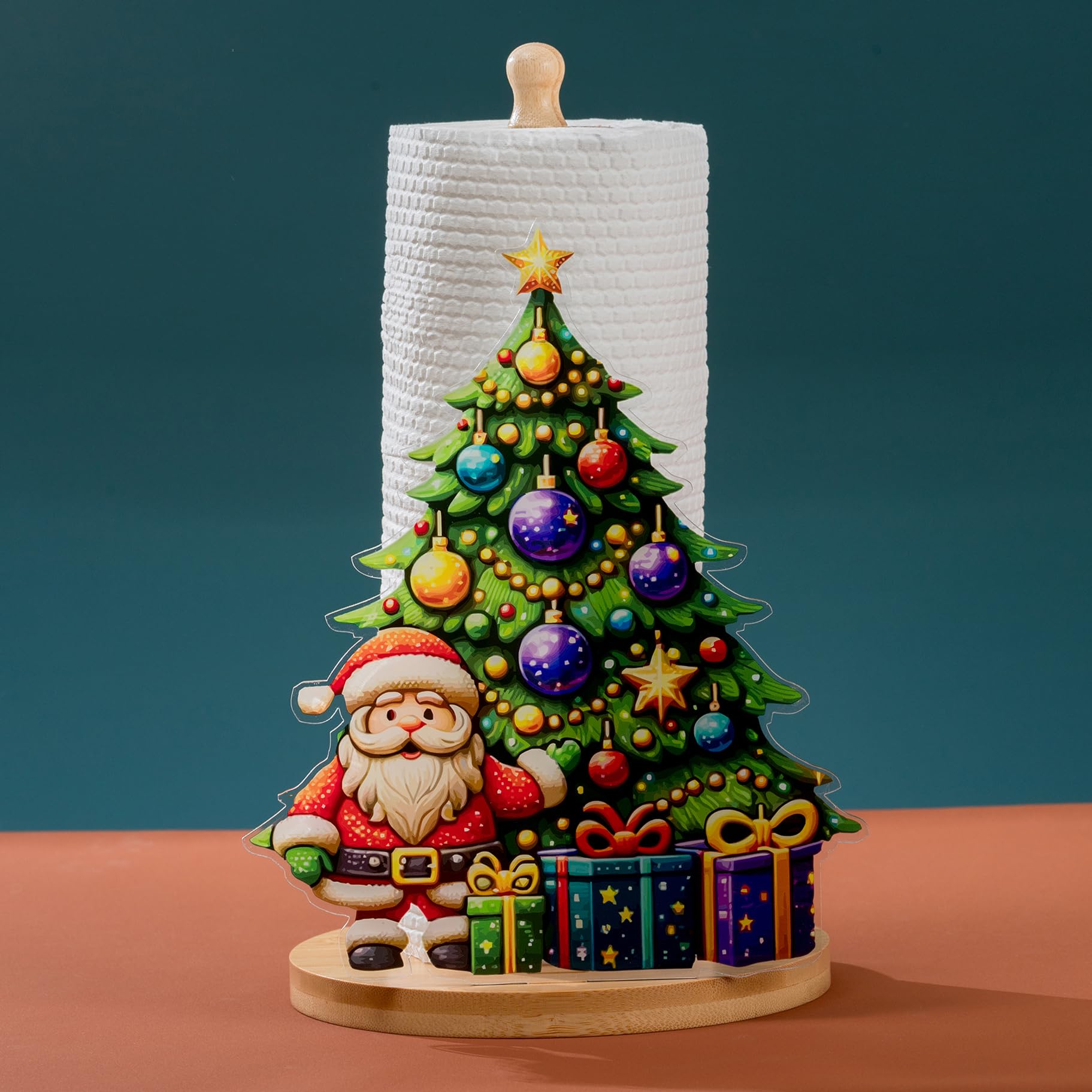 Christmas Paper Towel Holder - Wooden Countertop Dispenser with Acrylic Christmas Tree Design, Festive Holiday Kitchen Decor and Paper Towel Organizer