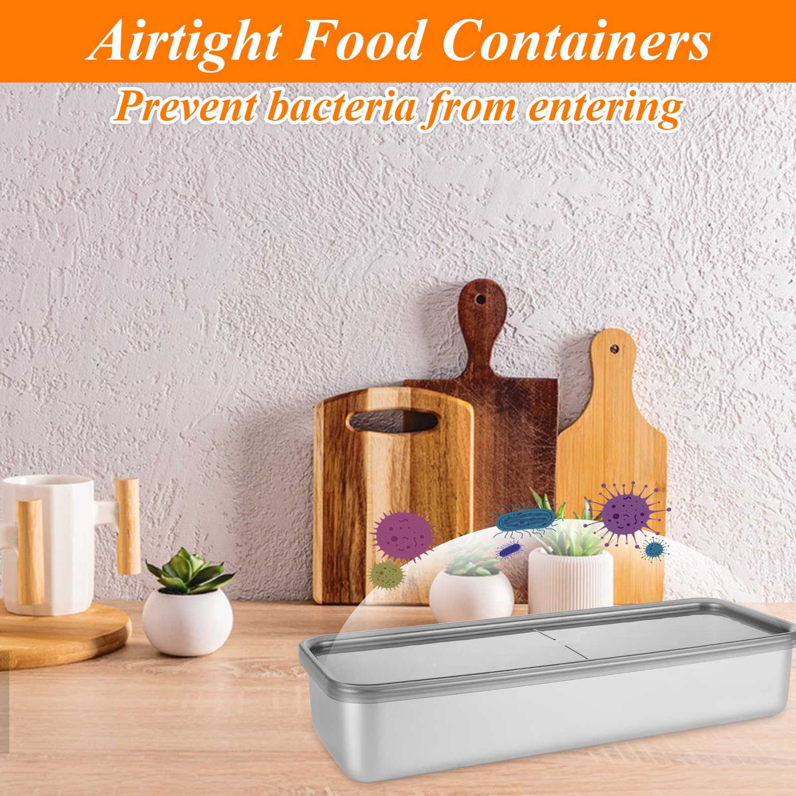 MUXHEL 2 Pcs Bacon Container for Refrigerator Air Tight, 304 Stainless Steel Deli Meat Container for Fridge, Food Storage Container with Airtight Lid for Meat, Cheese, Fruit, Vegetables (1L)