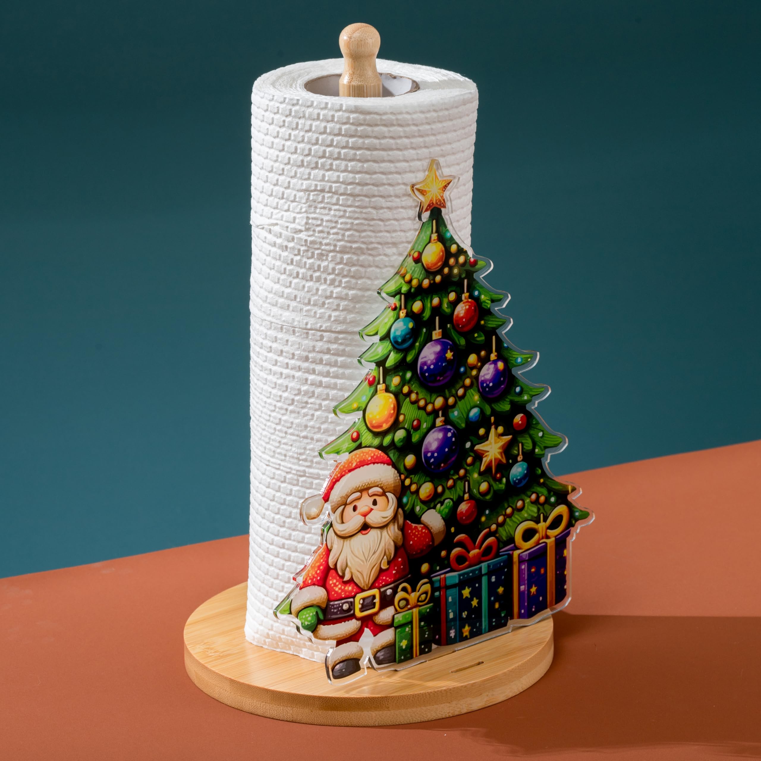 Christmas Paper Towel Holder - Wooden Countertop Dispenser with Acrylic Christmas Tree Design, Festive Holiday Kitchen Decor and Paper Towel Organizer